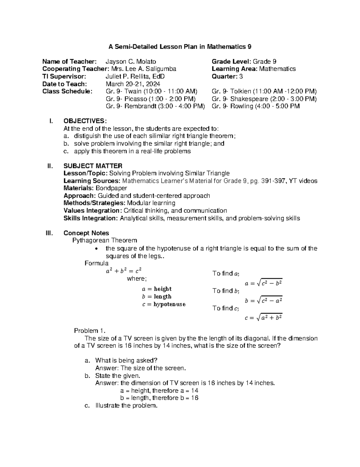 LP2 SP Similar Right Triangle - A Semi-Detailed Lesson Plan in ...