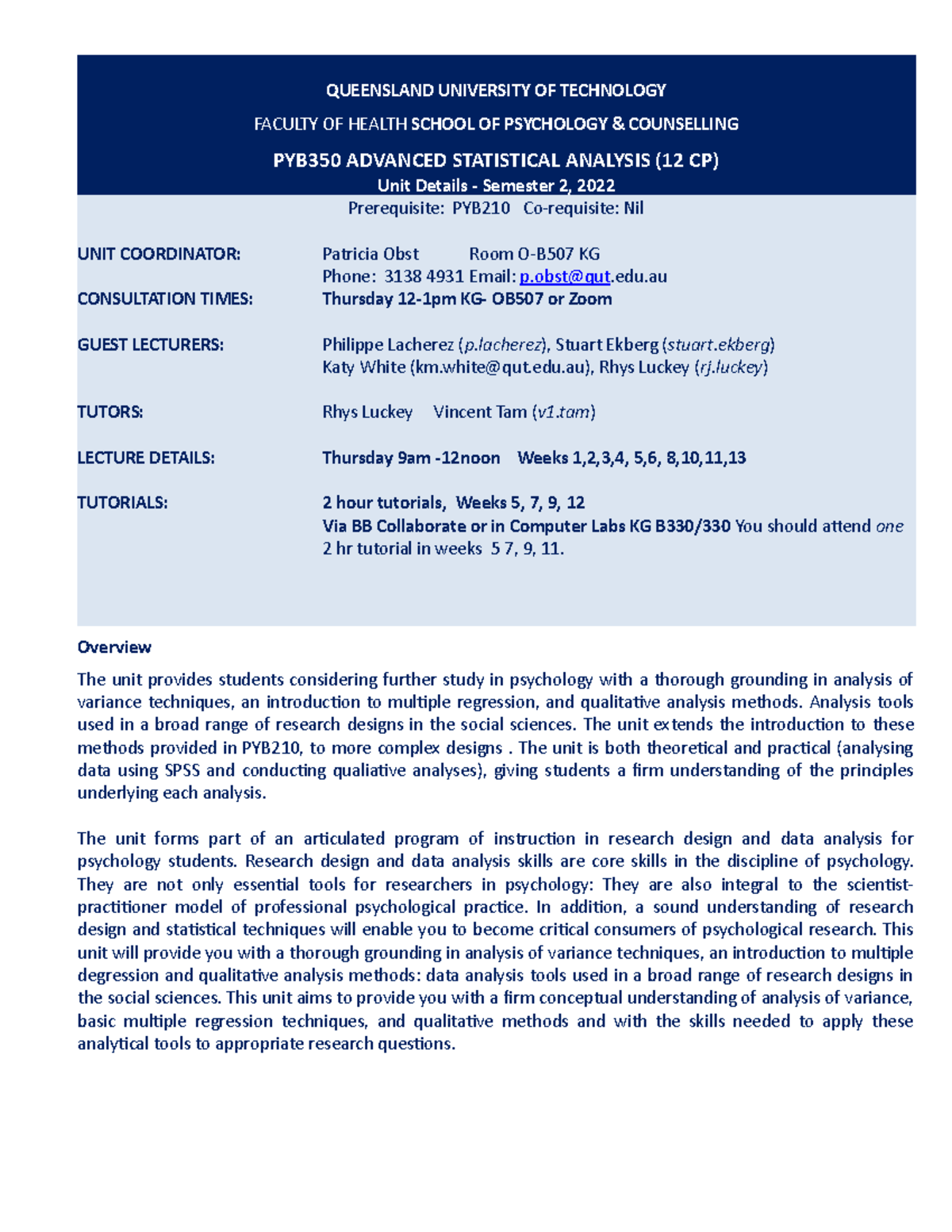 Pyb350 unit details - QUEENSLAND UNIVERSITY OF TECHNOLOGY FACULTY OF ...