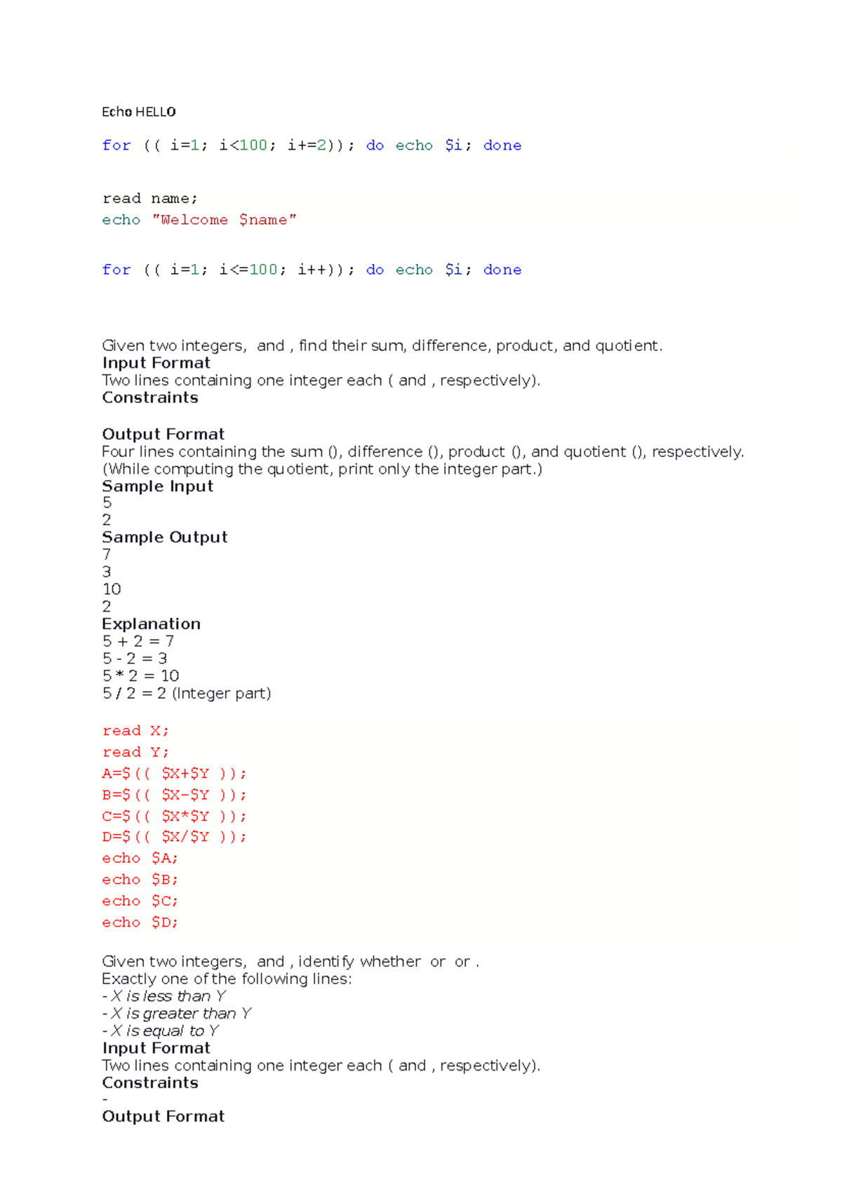 Hackerank - study material on Linux - Echo HELLO for (( i= 1 ; i