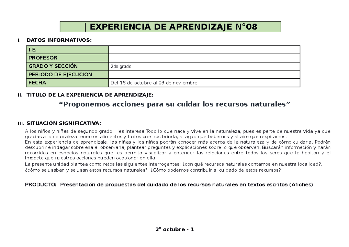 2° Grado - Experiencia DE Aprendizaje N°08 - | EXPERIENCIA DE APRENDIZAJE N° I. DATOS ...