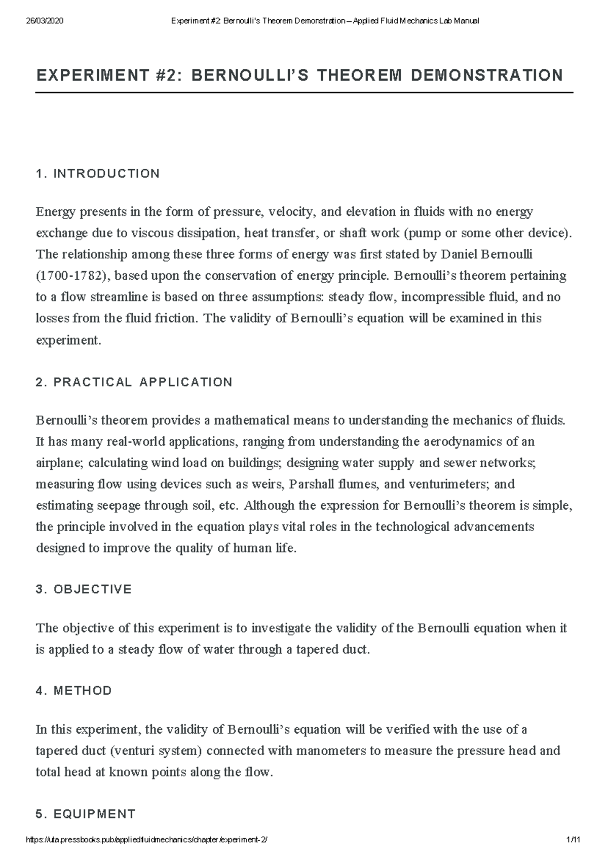 Bernoulli's Theorem Demonstration and Aplication - EXPERIMENT #2 ...