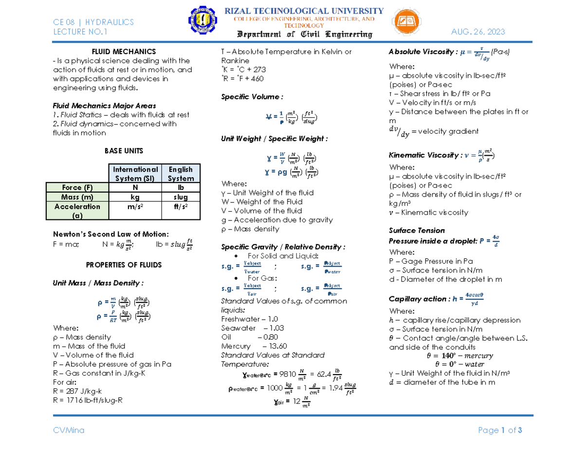 CE08 Lesson 1 - notes - CE 08 | HYDRAULICS LECTURE NO AUG. 26, 2023 ...
