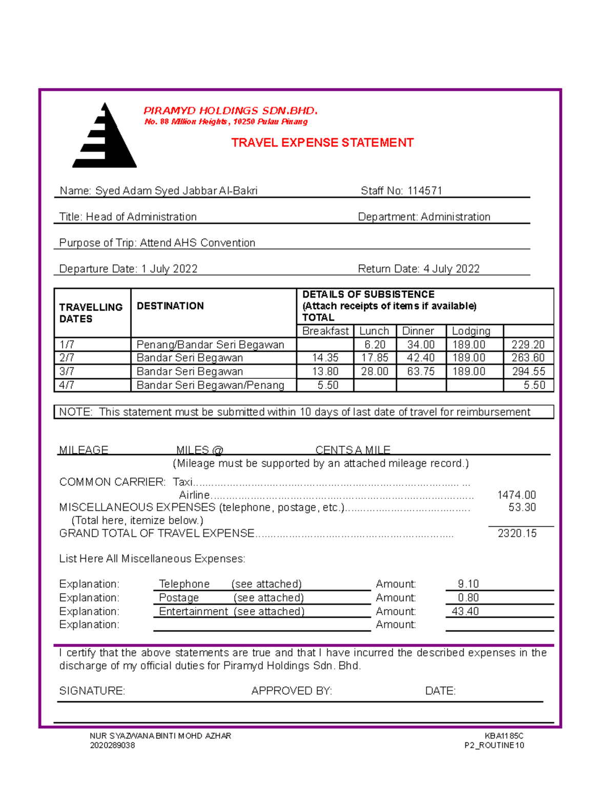 Travel Expense - OBM 320 COURSE ASSESSMENT - PIRAMYD HOLDINGS SDN. No ...