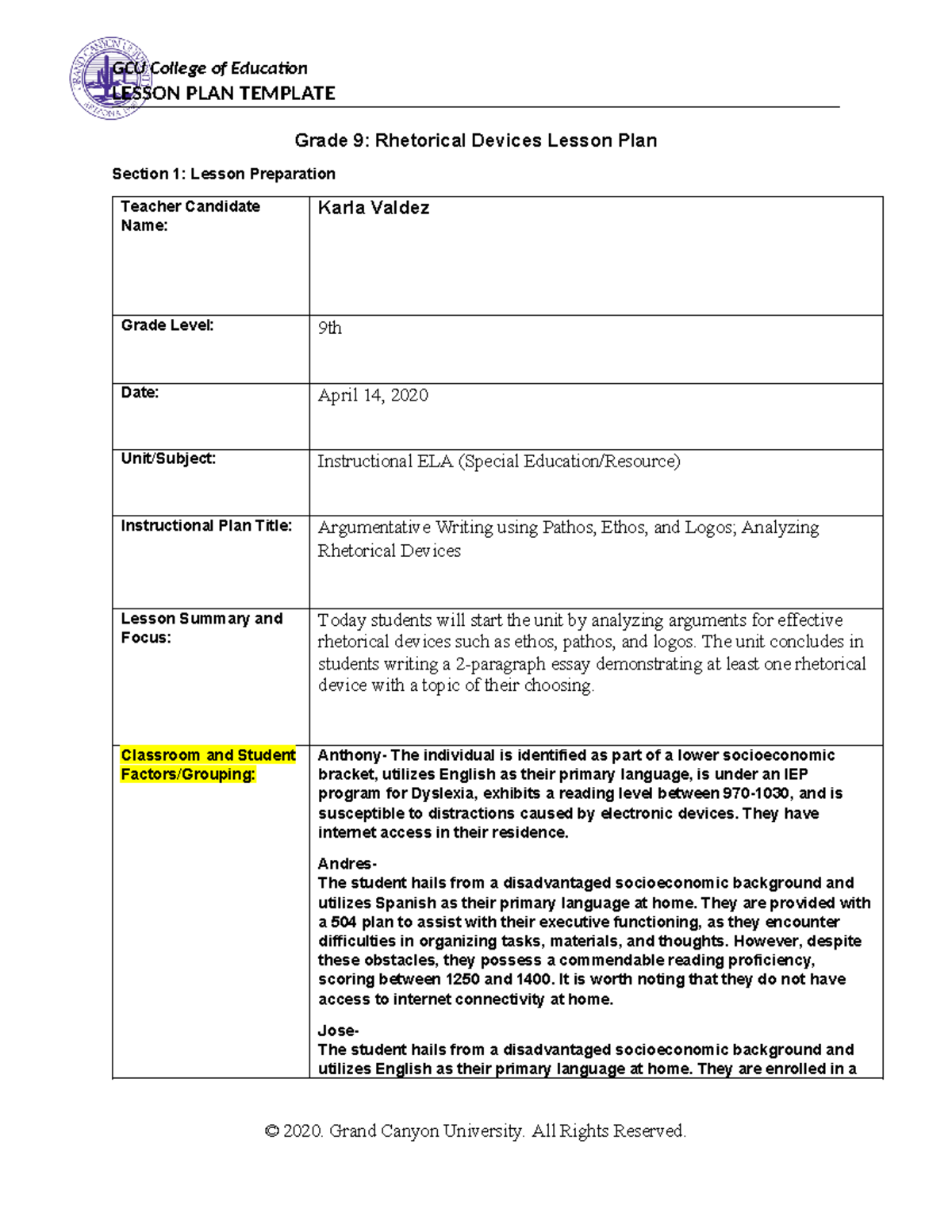 SPD-208 RS T5 Grade 9 Rhetorical Devices Lesson Plan 3 - LESSON PLAN ...