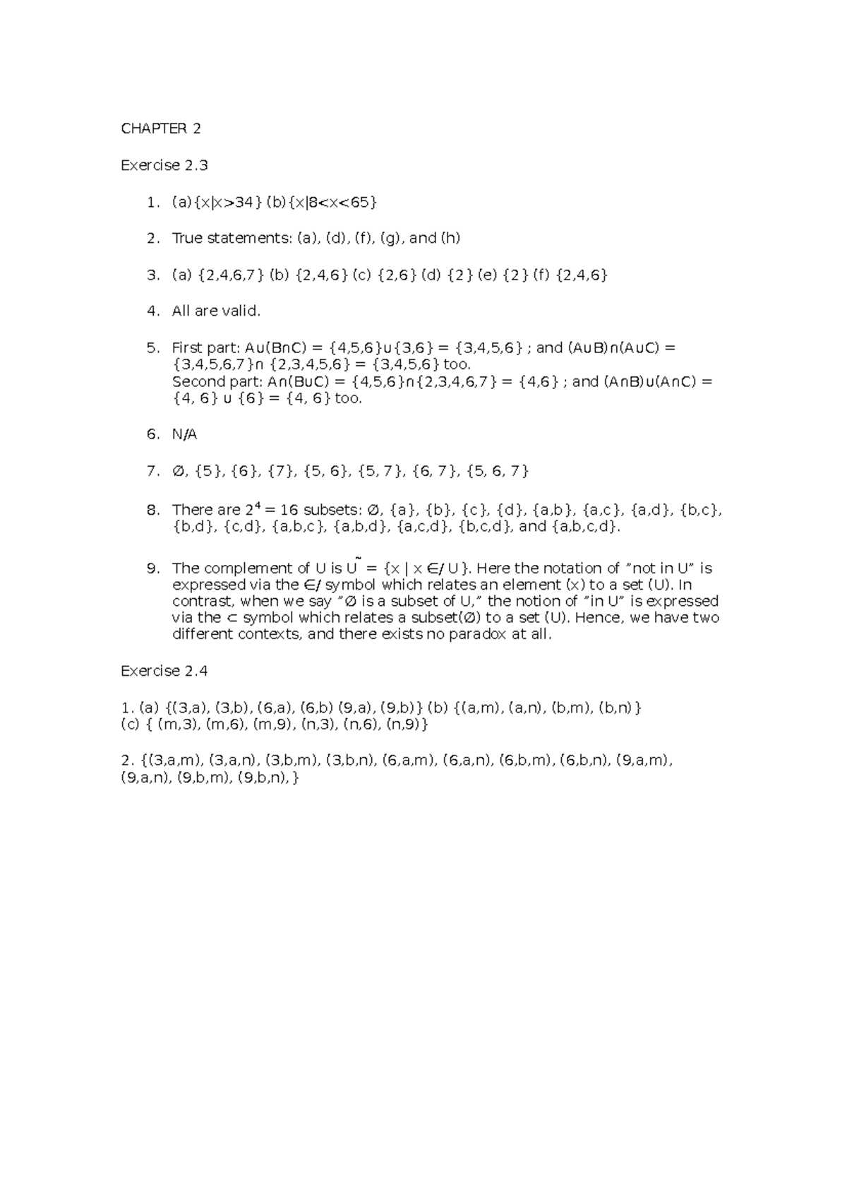 Chapter 2 Alpha C Solve - CHAPTER 2 Exercise 2. 1. (a){x|x> 34 } (b){x| 8