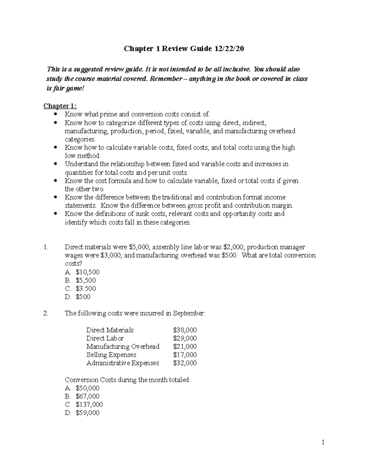 Chapter 1 Review Guide - Managerial Accounting 17th Edition - Chapter 1 ...