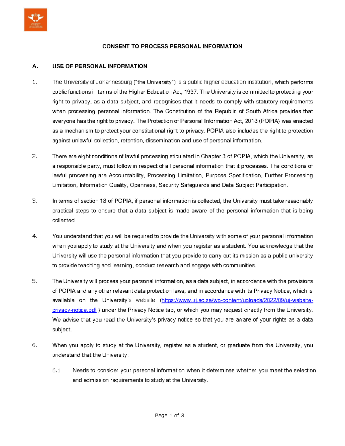 UJ POPI Act - Page 1 of 3 CONSENT TO PROCESS PERSONAL INFORMATION A ...