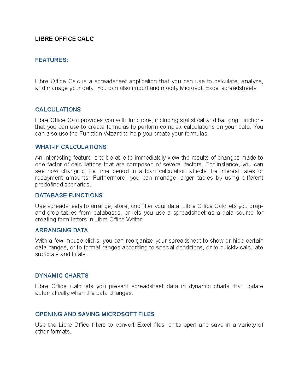 Libreoffice Draft - introduction of Libre office - LIBRE OFFICE CALC FEATURES: Libre Office Calc ...