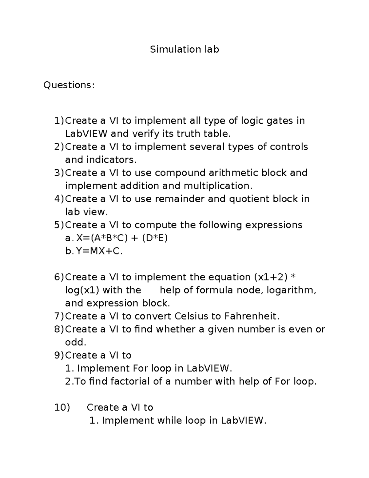 Simulation lab questions - Simulation lab Questions: 1)Create a VI to ...