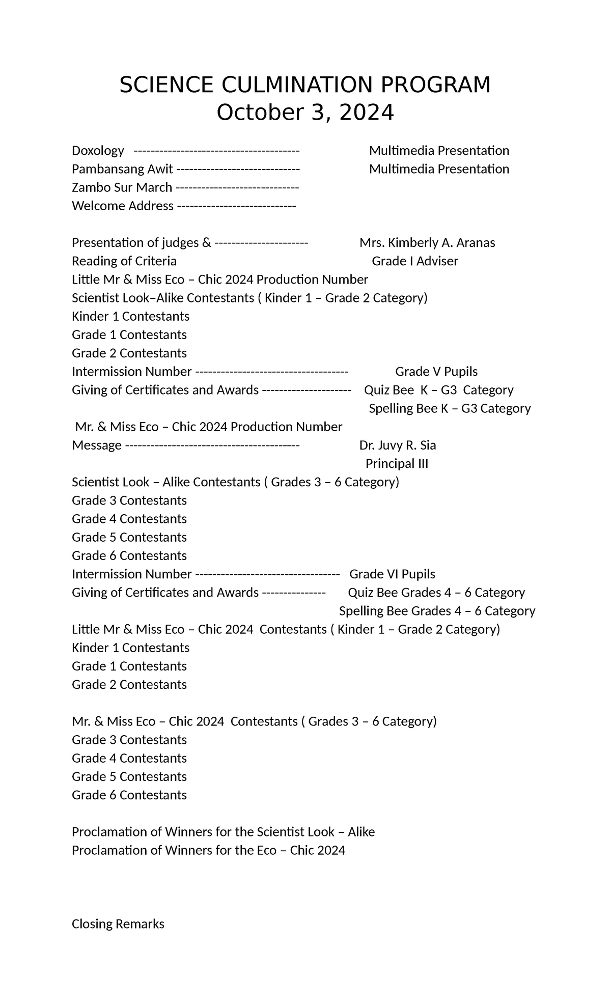 Science Culmination Program - SCIENCE CULMINATION PROGRAM October 3, 2024 Doxology - Multimedia ...