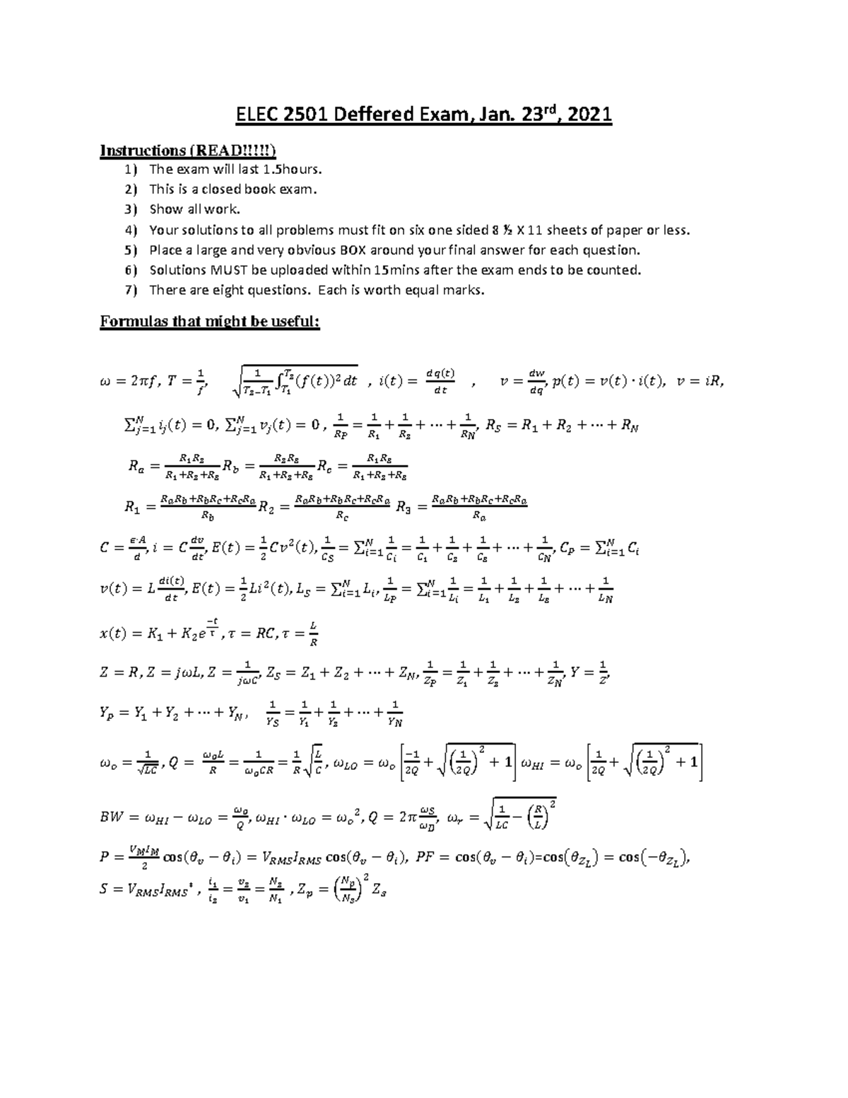 ELEC 2501 Deffered 2021 - ELEC 2501 Deffered Exam, Jan. 23 rd , 2021 ...