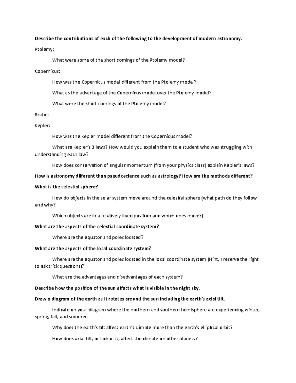 Astronomy Study Guide Units 1-3 - Describe the contributions of each of ...