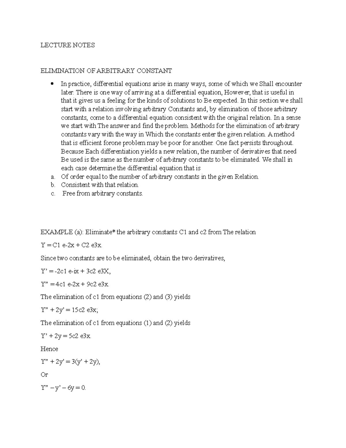 Lecturenotes 3 - Notes - LECTURE NOTES ELIMINATION OF ARBITRARY ...