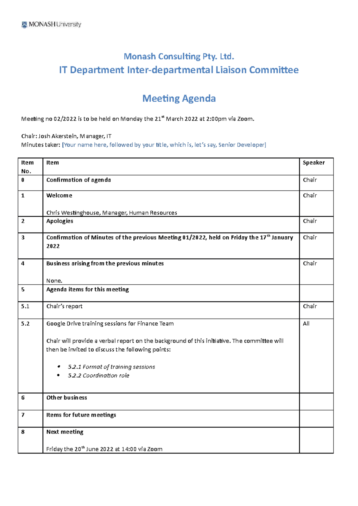 FIT1049 Week 5 mock meeting agenda and minutes template - Monash ...