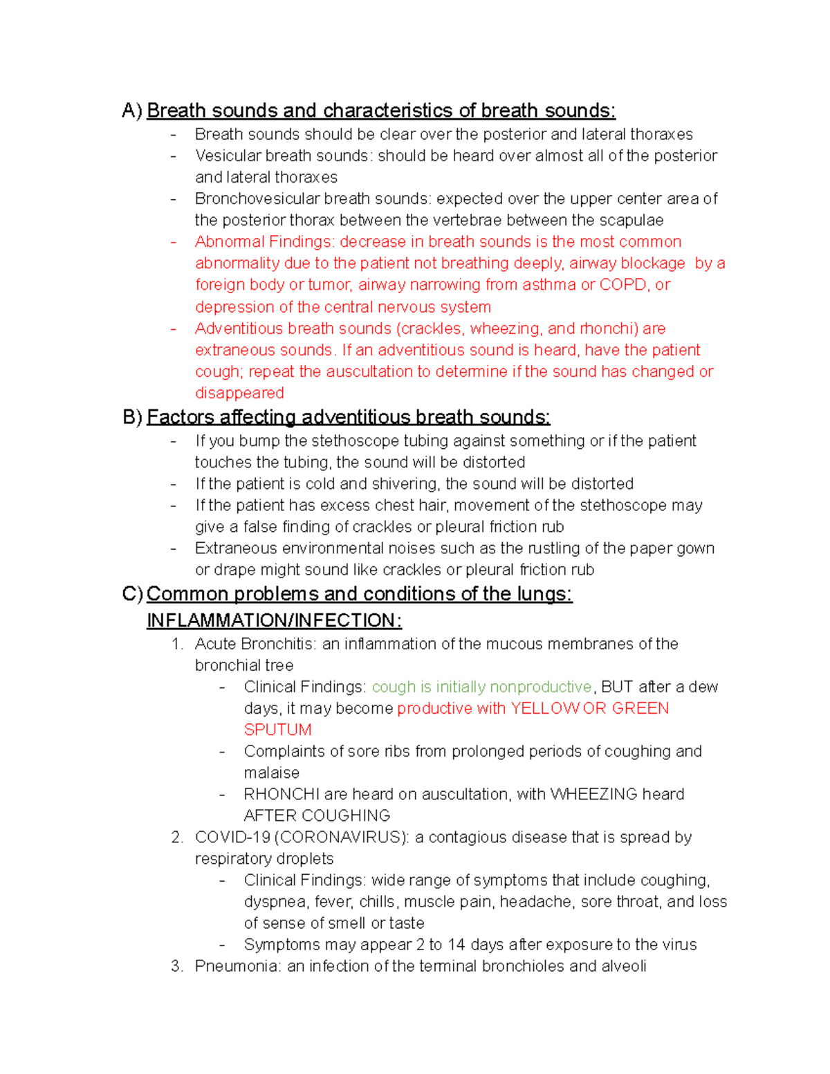 Chapter 11 Lungs and Respiratory System Notes - A) Breath sounds and ...