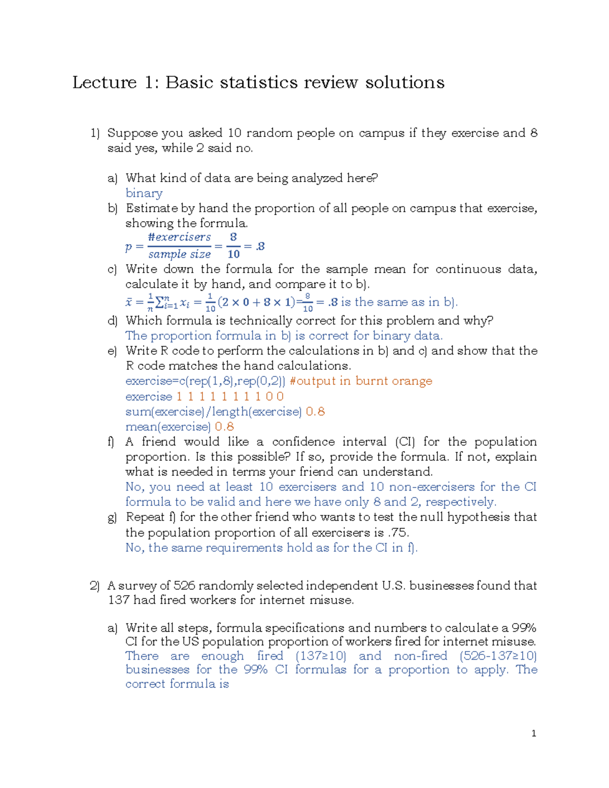 1 Lecture 1A Basic statistics review solutions - Lecture 1 : Basic ...