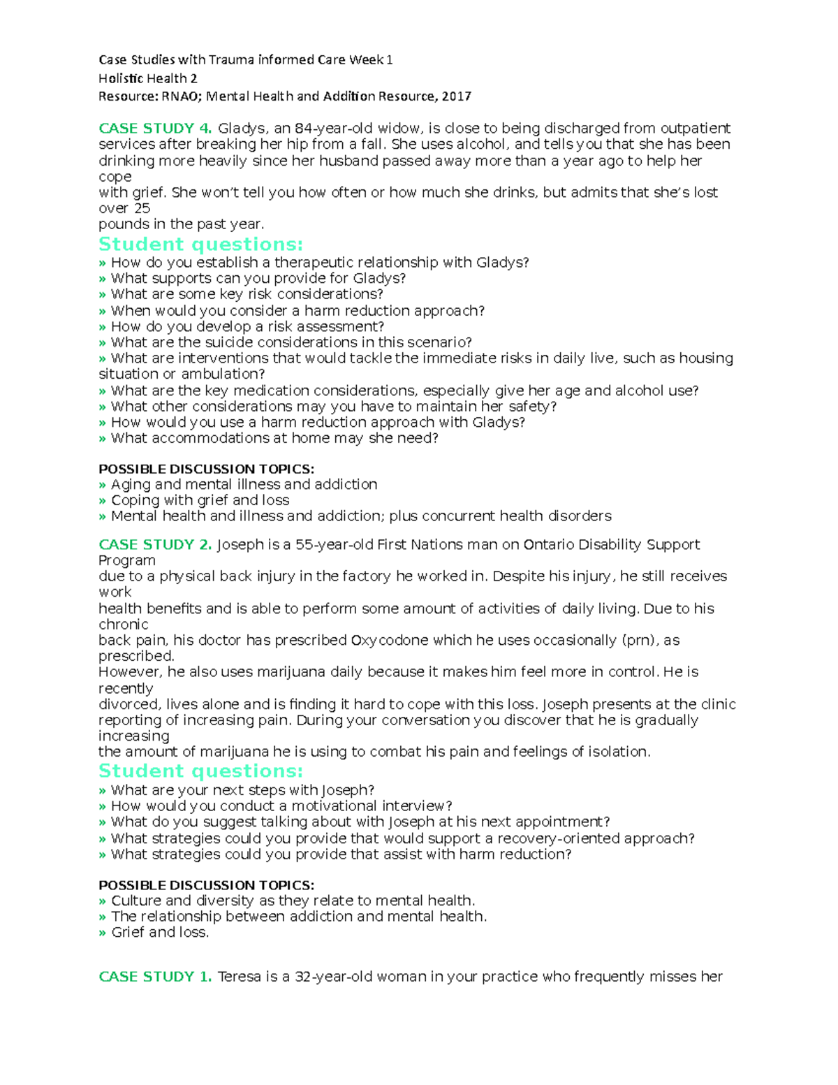 Week 1 HHII trauma Informed Student Case Studies - Case Studies with ...