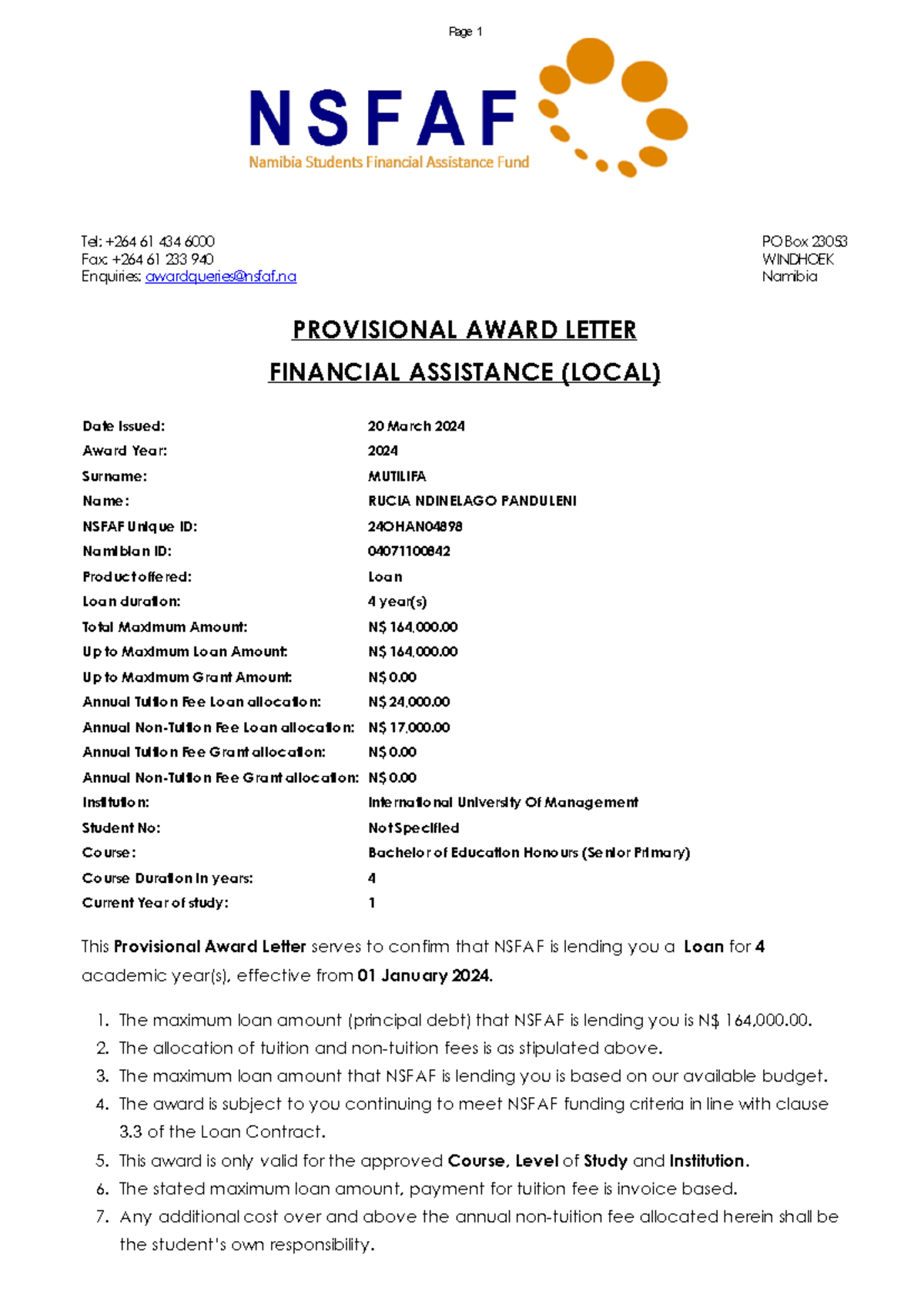 Provisional Award Letter Local-2024-24OHAN04898 - Tel: +264 61 434 6000 ...