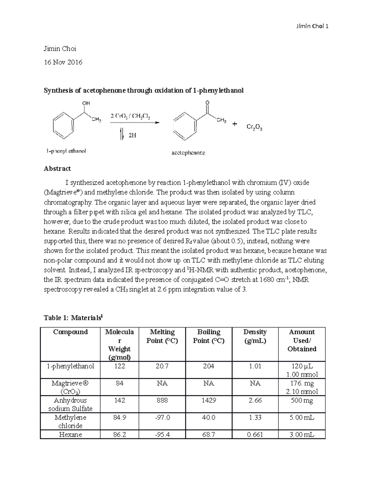 Unit 3 Post Lab - Jimin Choi 16 Nov 2016 Synthesis of acetophenone ...
