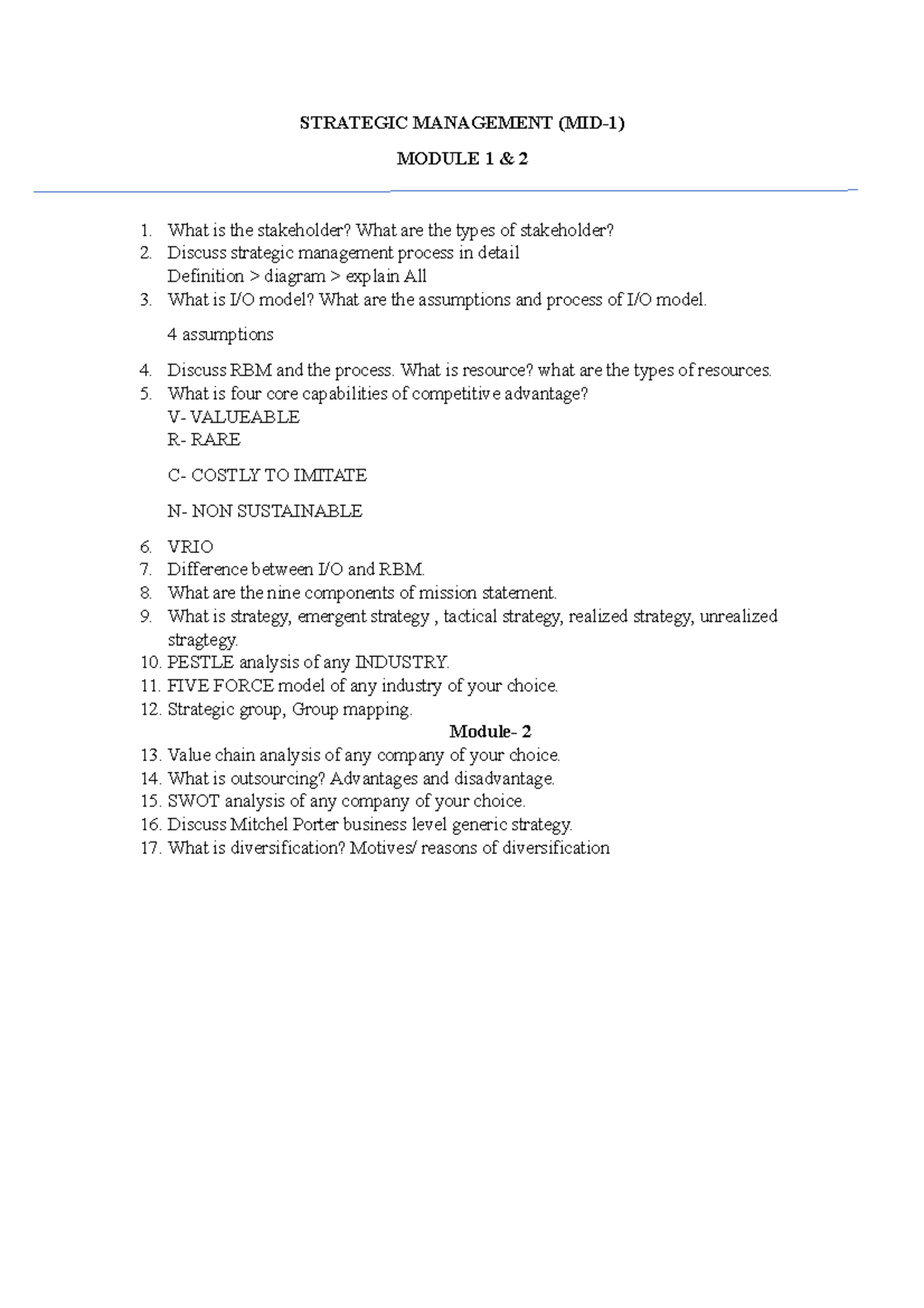 Strategic Management MID EXAM - STRATEGIC MANAGEMENT (MID-1) MODULE 1 ...