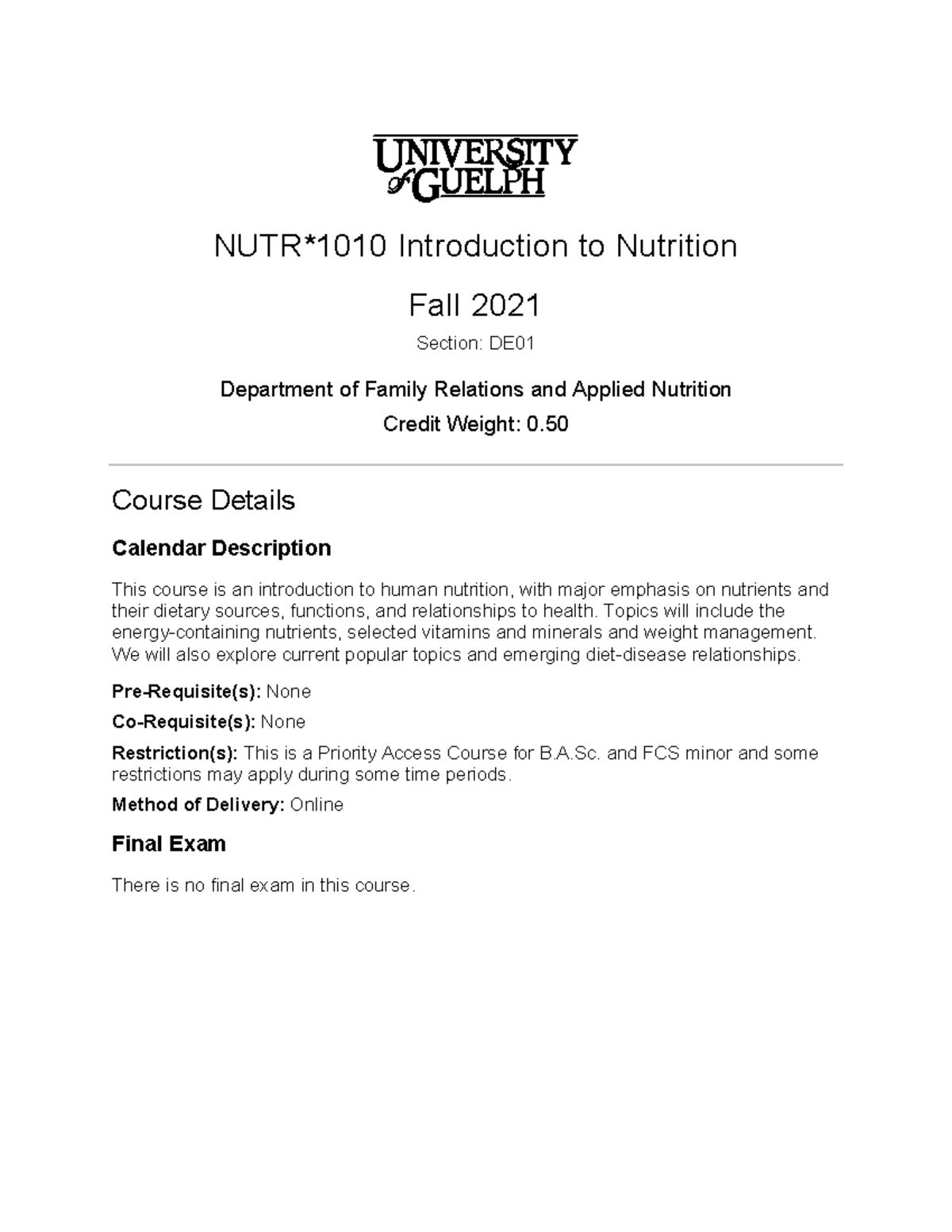 Outline NUTR 1010 DE01 F21 final - NUTR*1010 Introduction to Nutrition ...