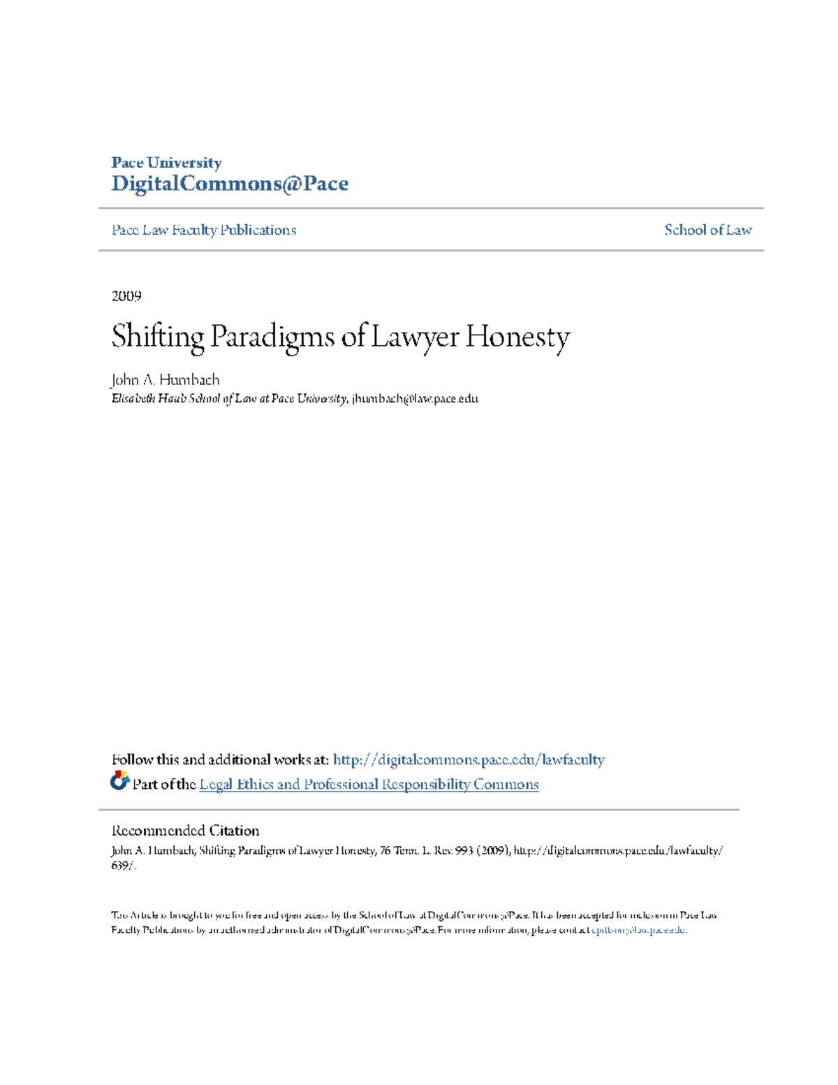 Shifting Paradigms of Lawyer Honesty - Pace University DigitalCommons@Pace Pace Law Faculty ...