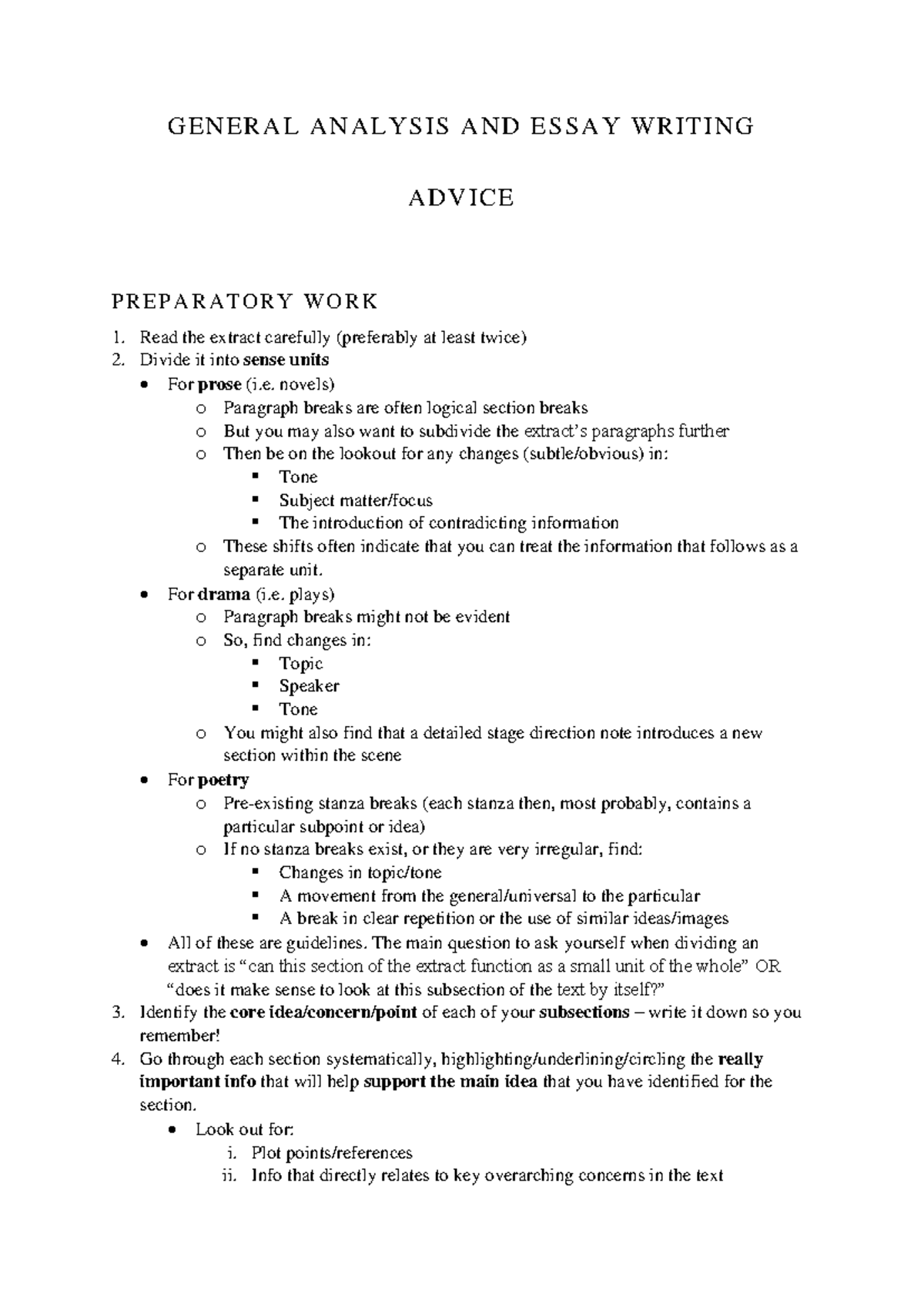General Analysis and Essay Writing Advice - G EN ERA L A NA LY SIS AND ...