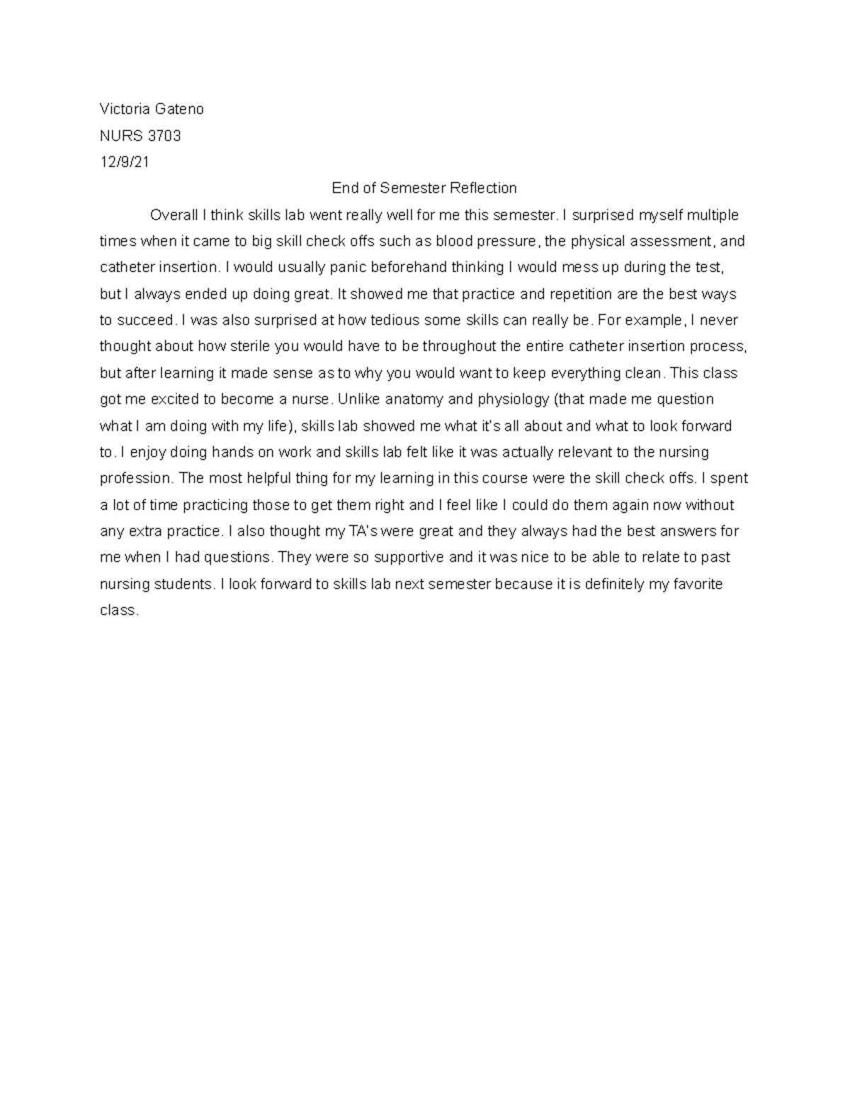 End of sem reflec - Lecture notes 1 - Victoria Gateno NURS 3703 12/9 ...