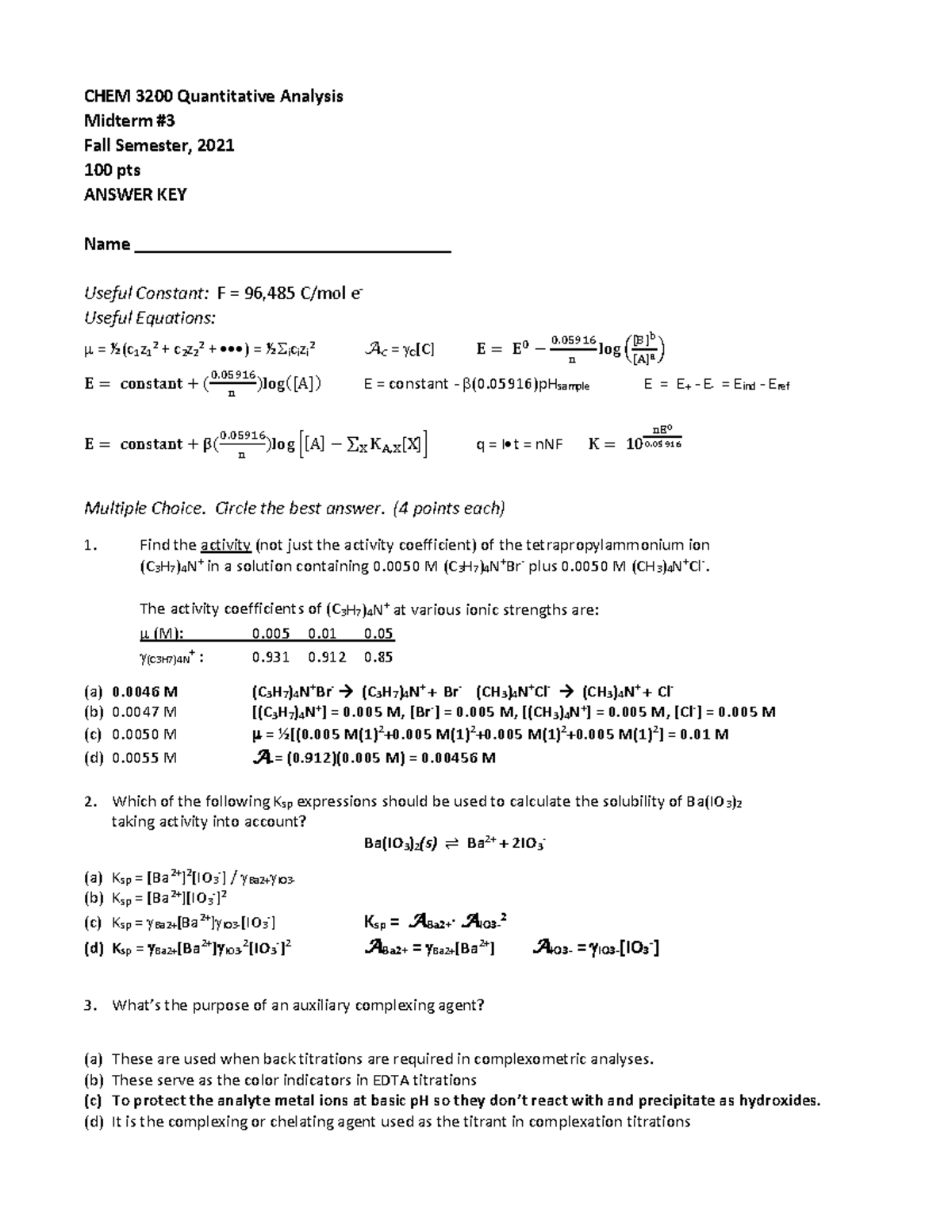 MT3F21 Answer Key - Midterm #3 - CHEM 3200 Quantitative Analysis Midterm Fall Semester, 2021 100 ...