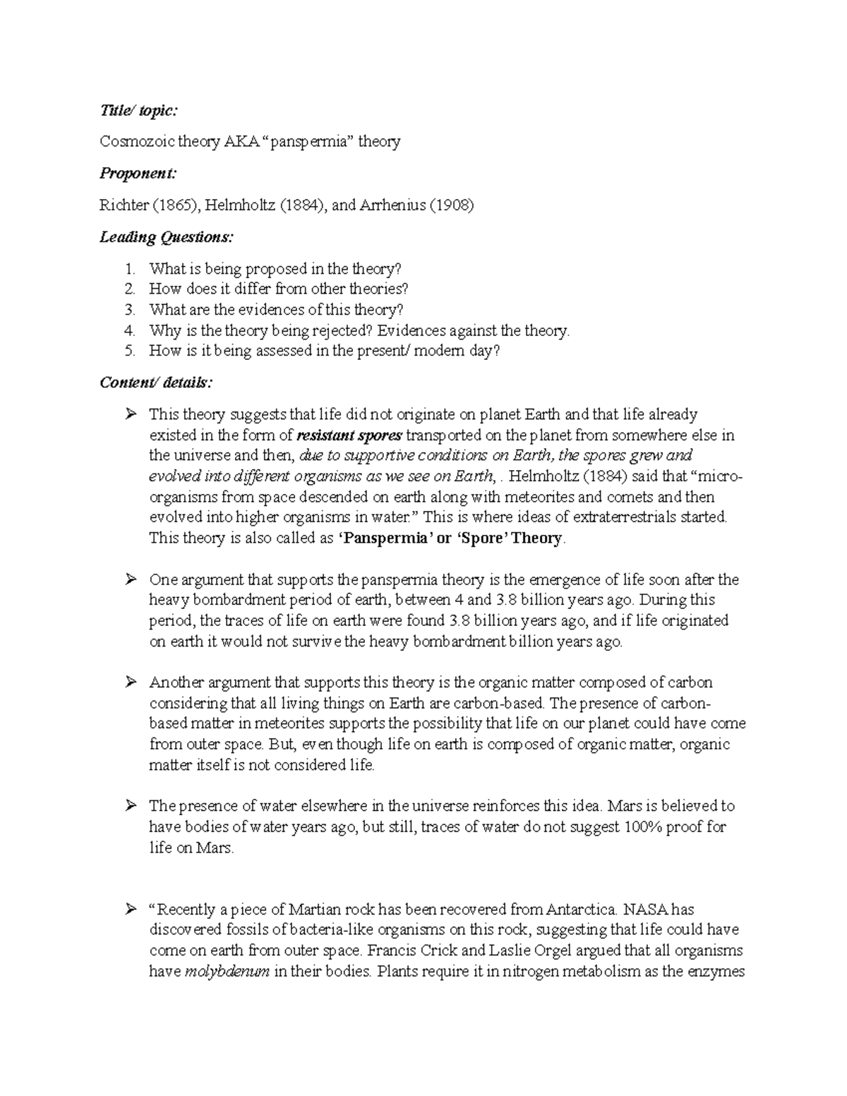 PT4 - Cosmozoic theory AKA “panspermia” theory - Title/ topic ...