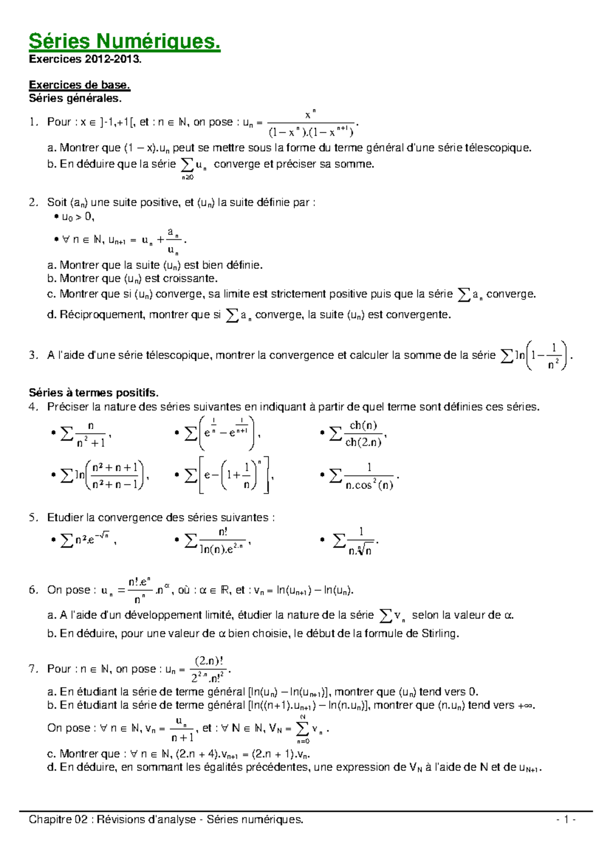 02 - series numeriques exercices - Séries Numériques. Exercices 2012 ...