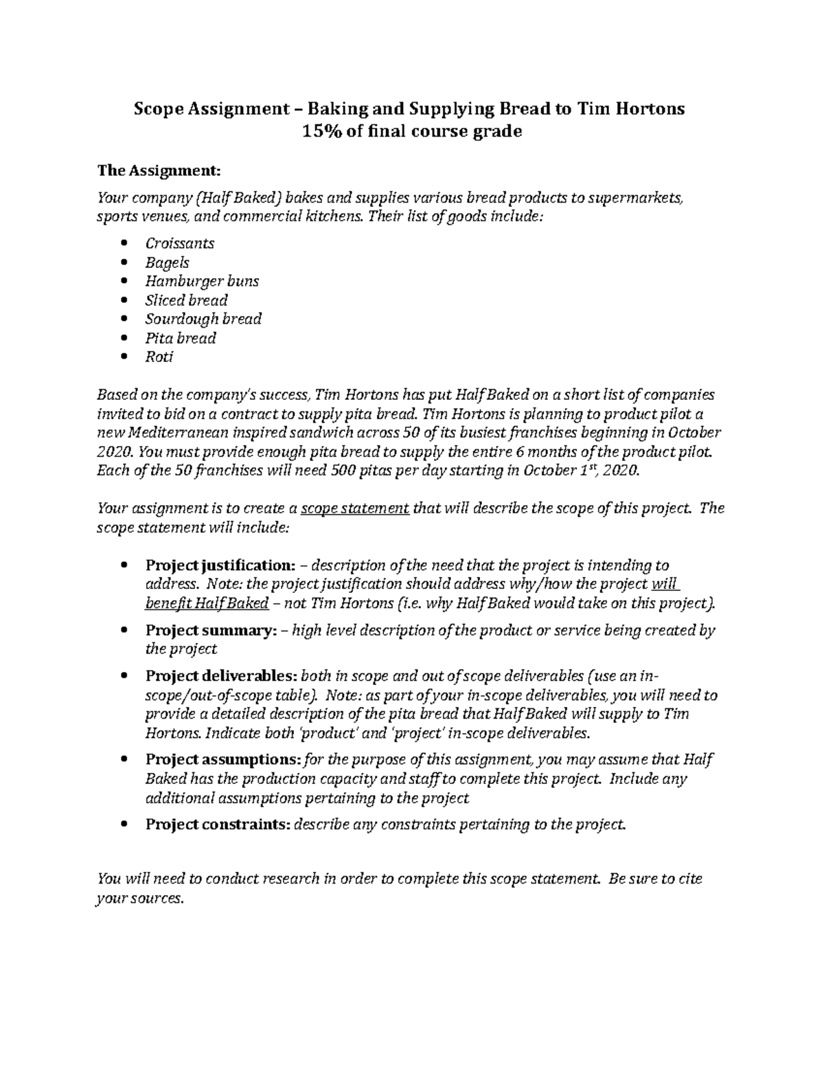 Assignment - Bakery Scope Statement - Scope Assignment – Baking and Supplying Bread to Tim ...