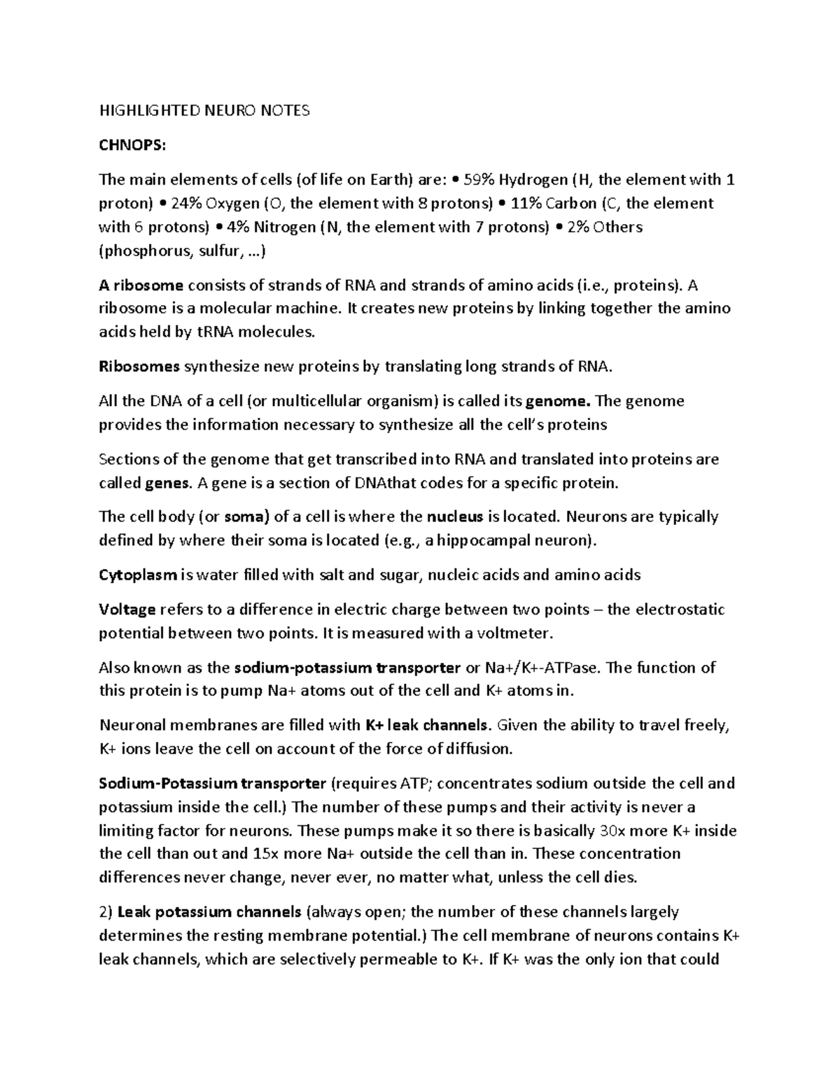 Highlighted Neuro Notes - HIGHLIGHTED NEURO NOTES CHNOPS: The main ...