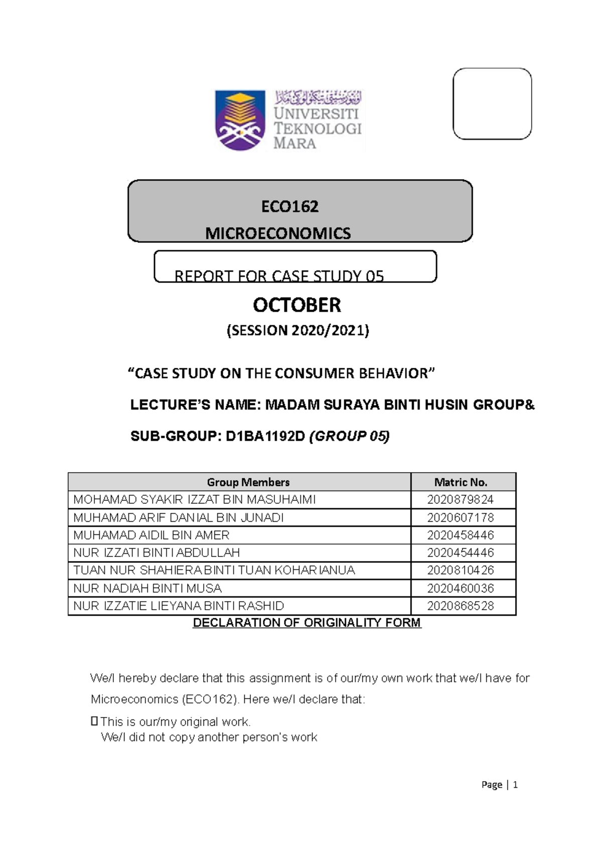 Assignment ECO ( Group 5 ) - ECO162 MICROECONOMICS REPORT FOR CASE STUDY 05 OCTOBER (SESSION ...