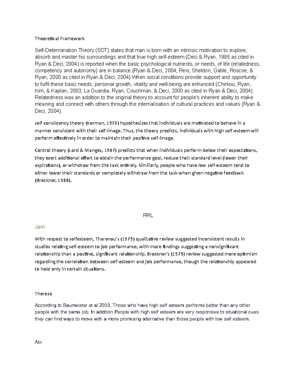 Self esteem rrl - lol dafdgfdsadf - Theoretical Framework Self ...