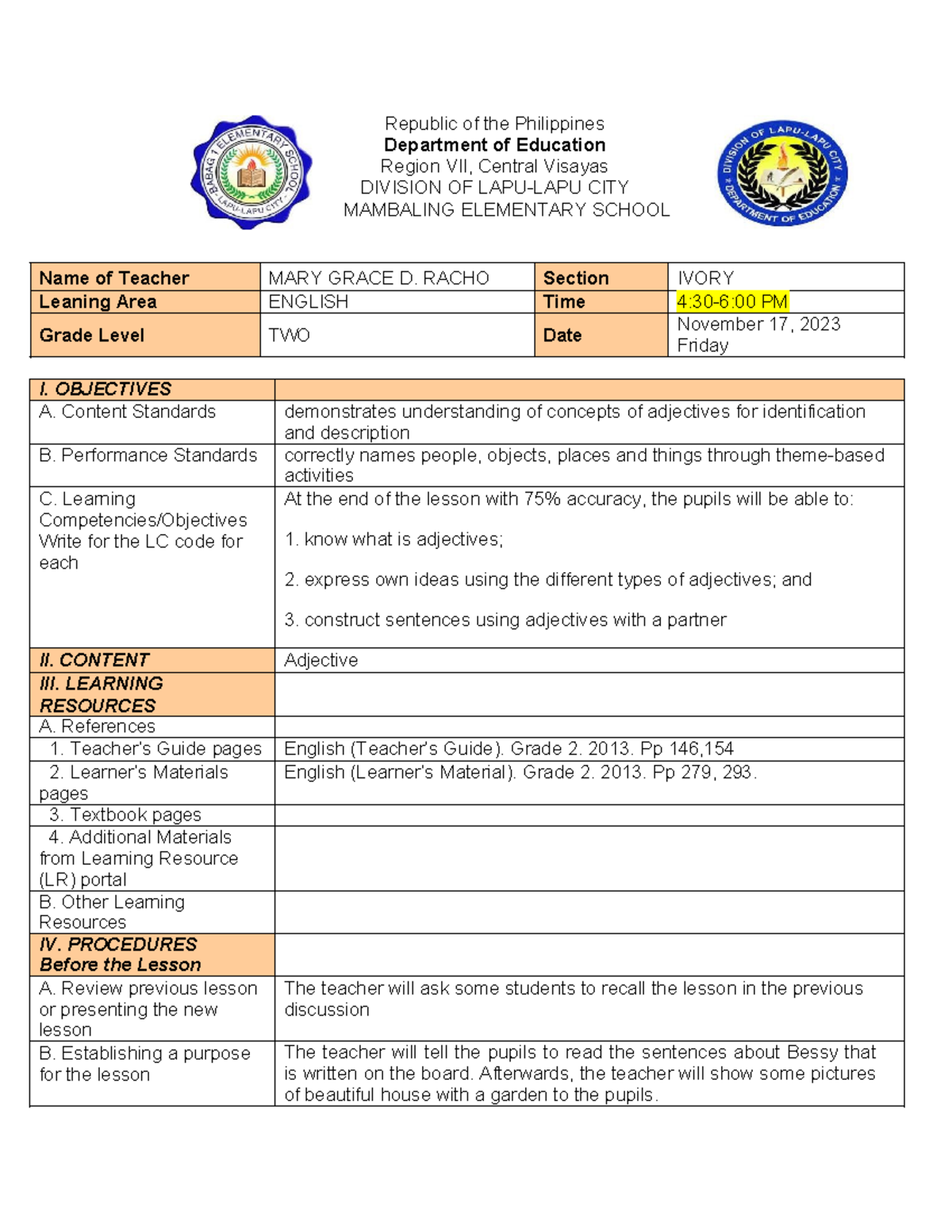 Lesson PLAN Adjectives 2 1 - Republic of the Philippines Department of ...