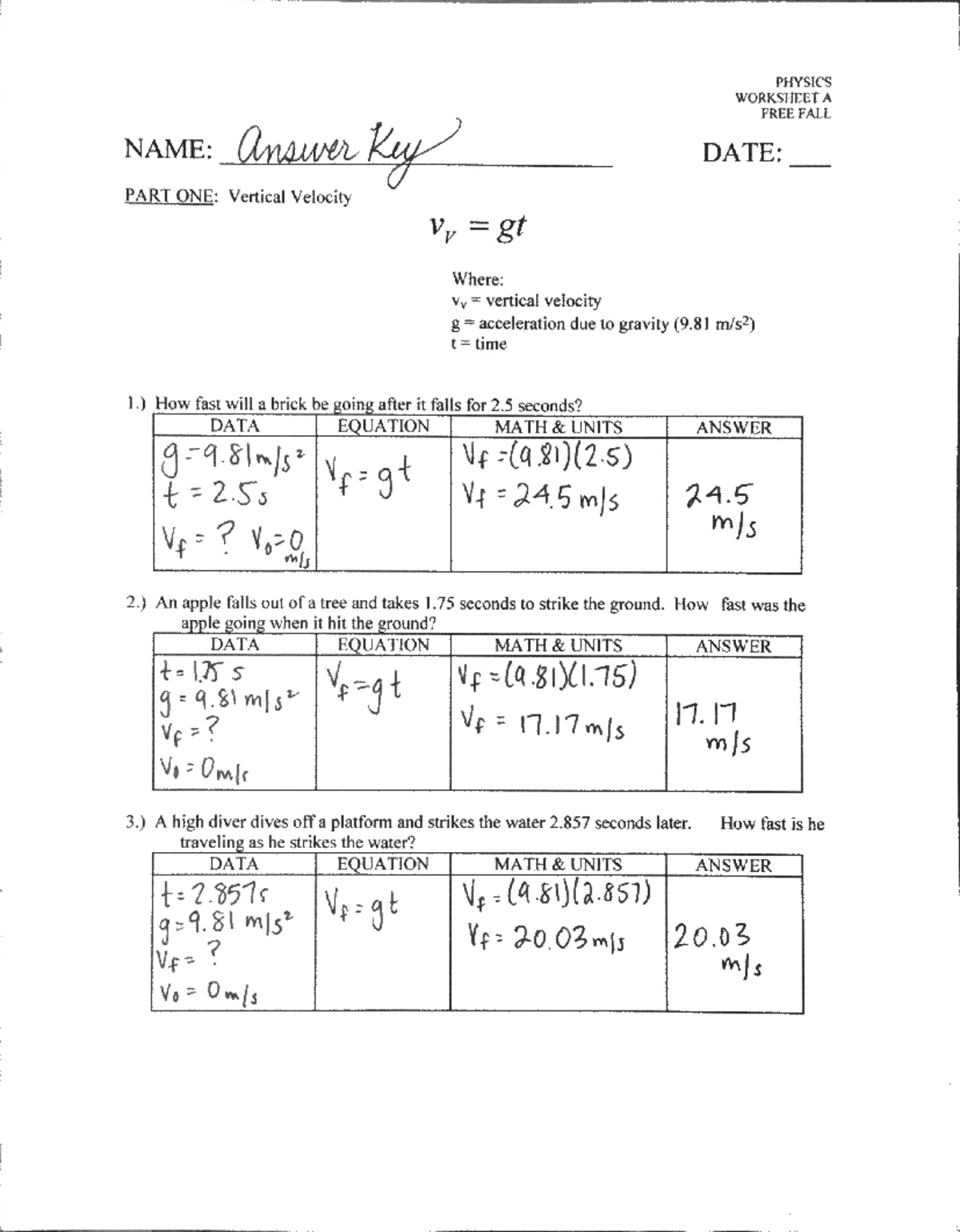 Free-fall-worksheet-t-d-v-great-answer-key compress - Studocu