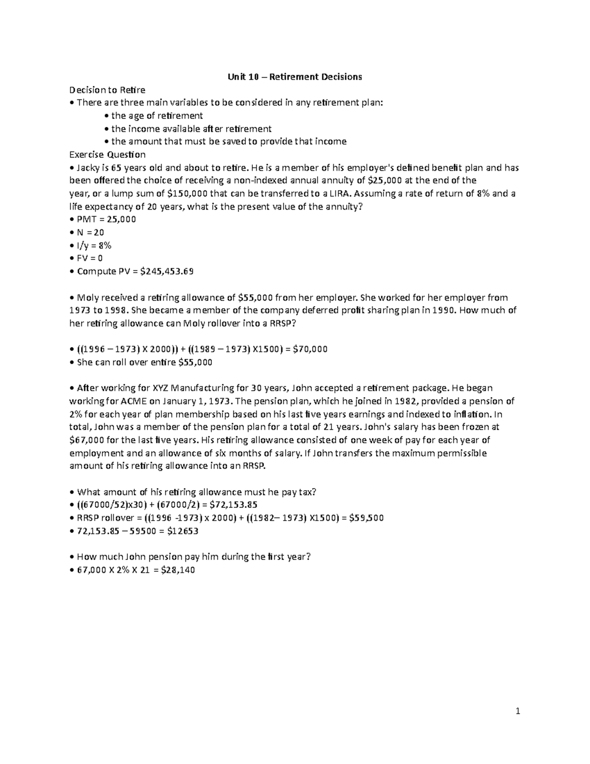 Unit 10 - Retirement Planning Unit 10 summary - Unit 10 – Retirement ...