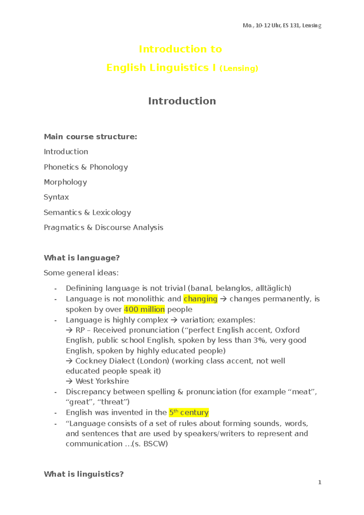 Introduction to English Linguistics I - Introduction to English ...
