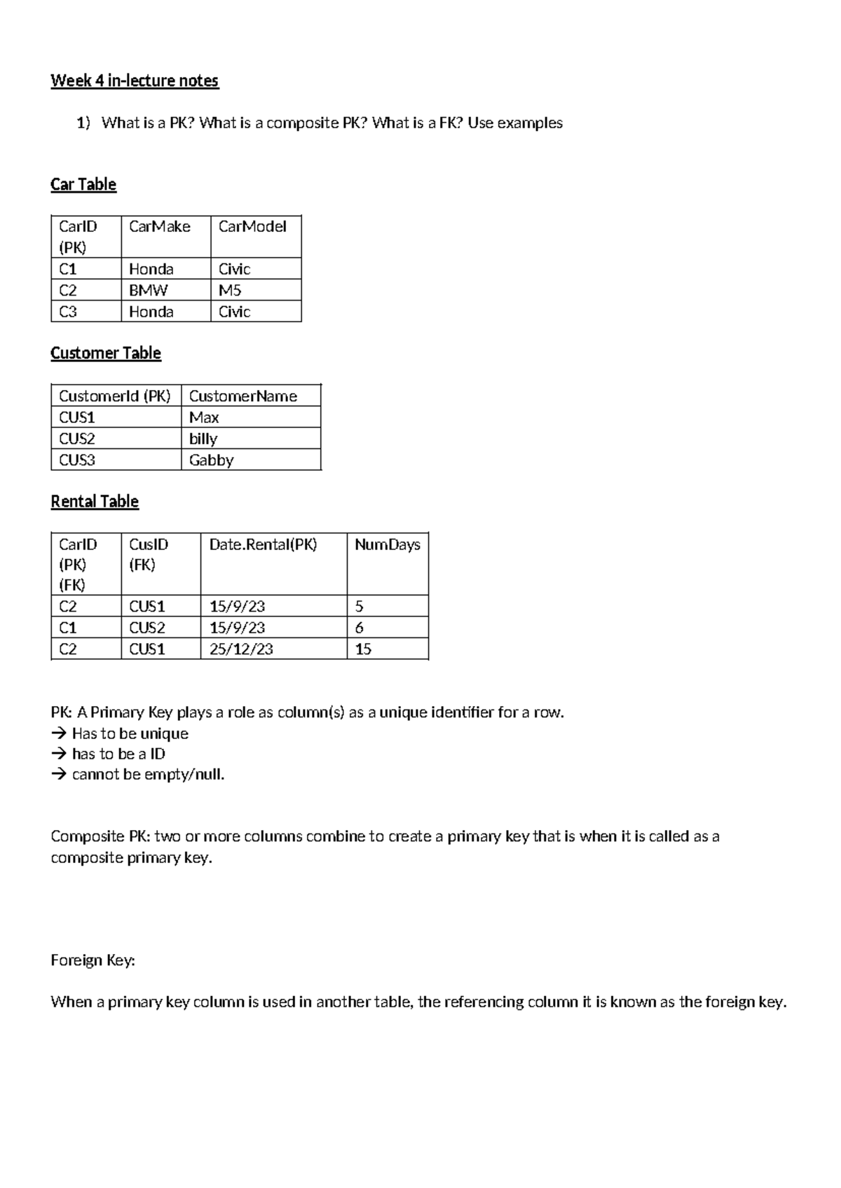 Week4Notes File - notes - Week 4 in-lecture notes 1) What is a PK? What ...