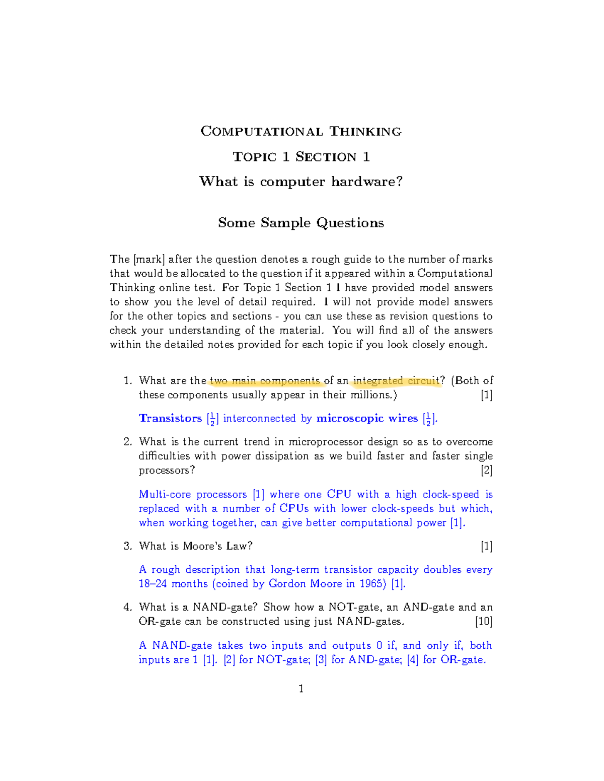 CT Topic 1 Sample Questions - COMPUTATIONAL THINKING TOPIC 1 SECTION 1 ...