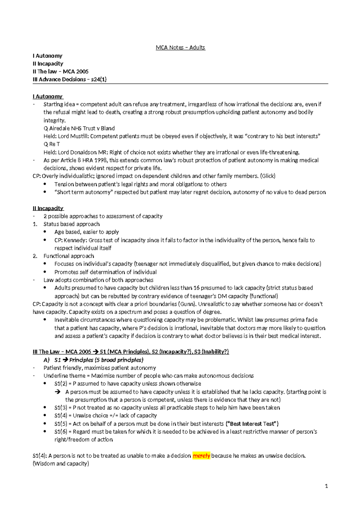 MCA-Notes-copy - MCA Notes – Adults I Autonomy II Incapacity II The law ...