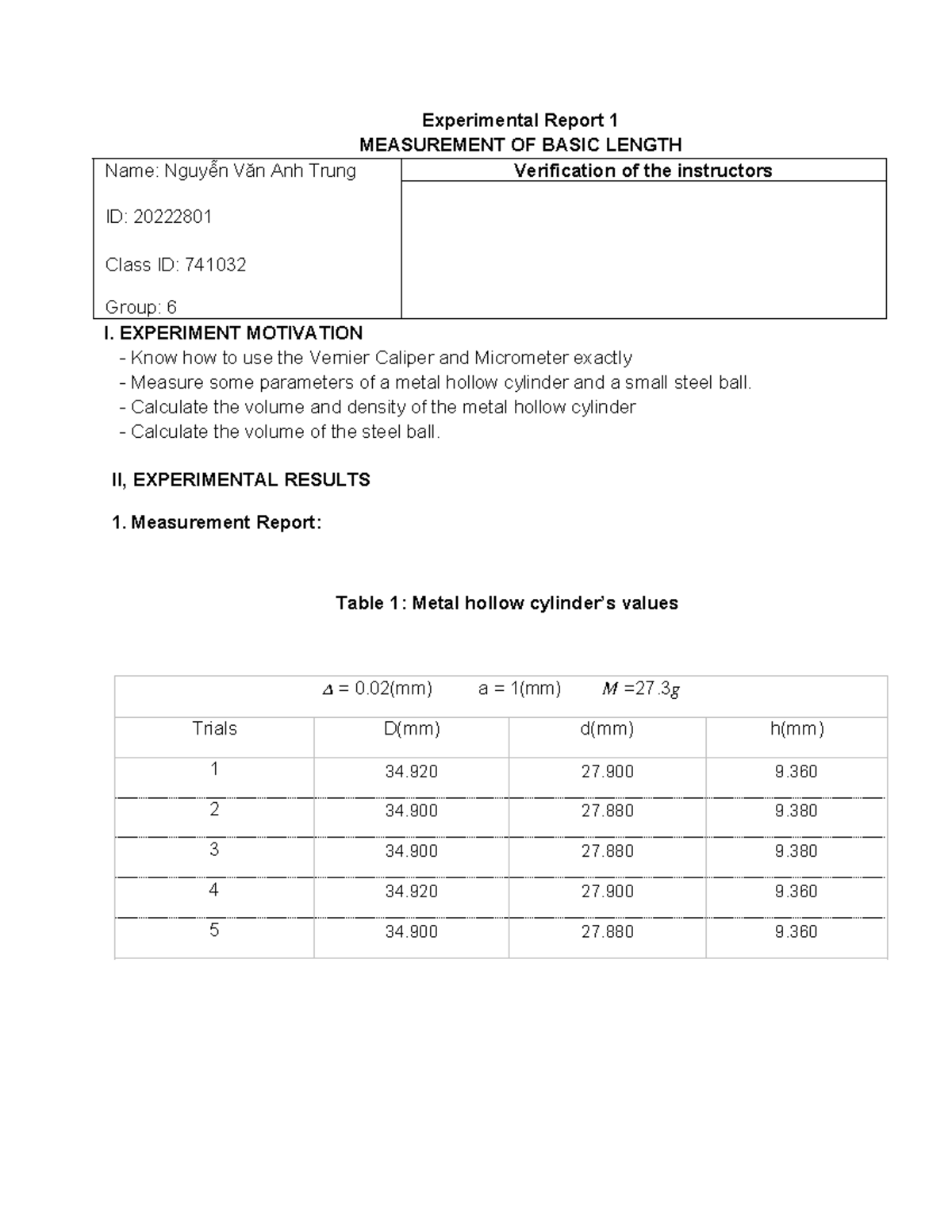 Experimental Report 1 lí 1 20232 - Experimental Report 1 MEASUREMENT OF ...