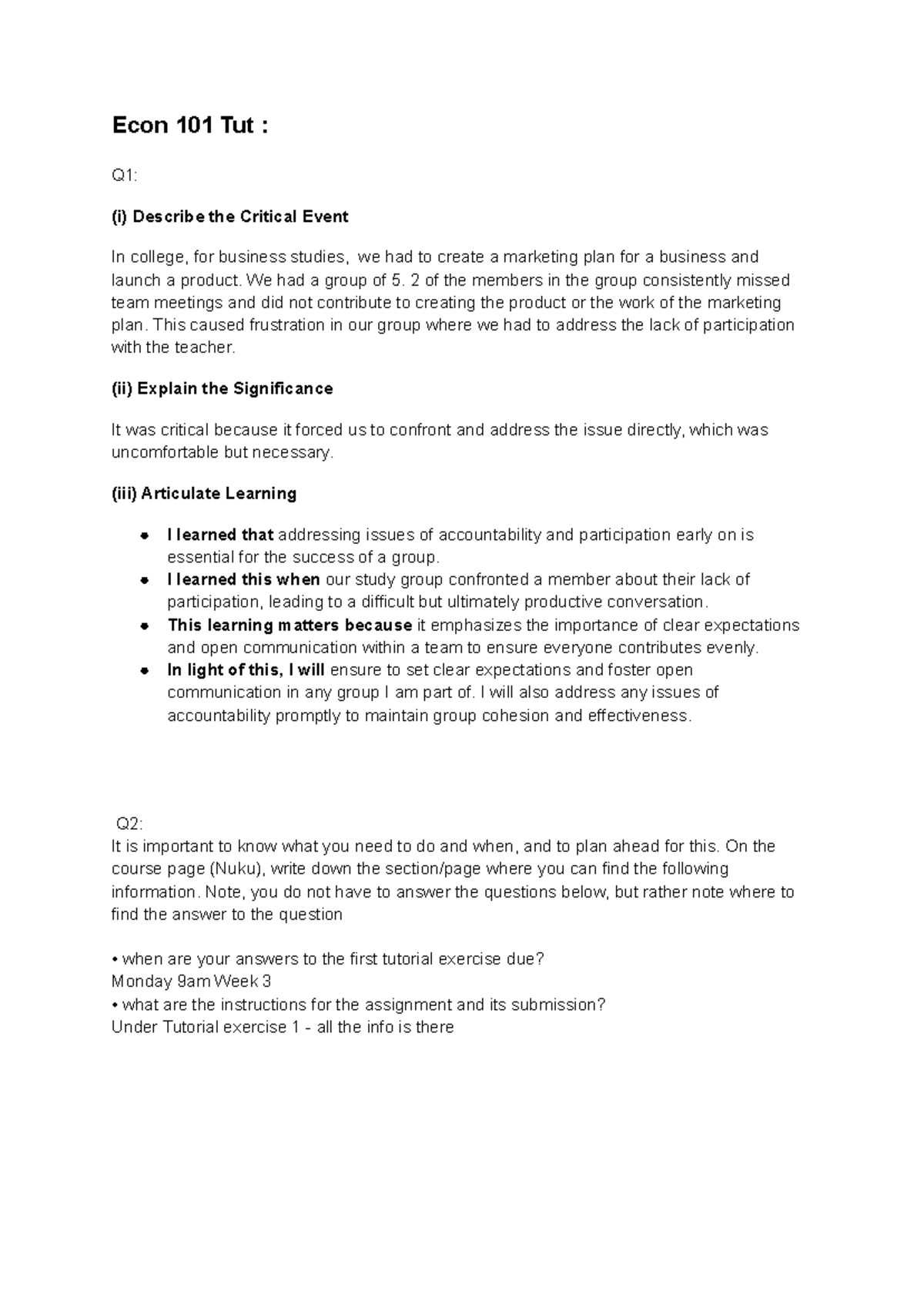 Econ 130 Tut 1 Exercise Assignment 1% - Econ 101 Tut : Q1: (i) Describe ...