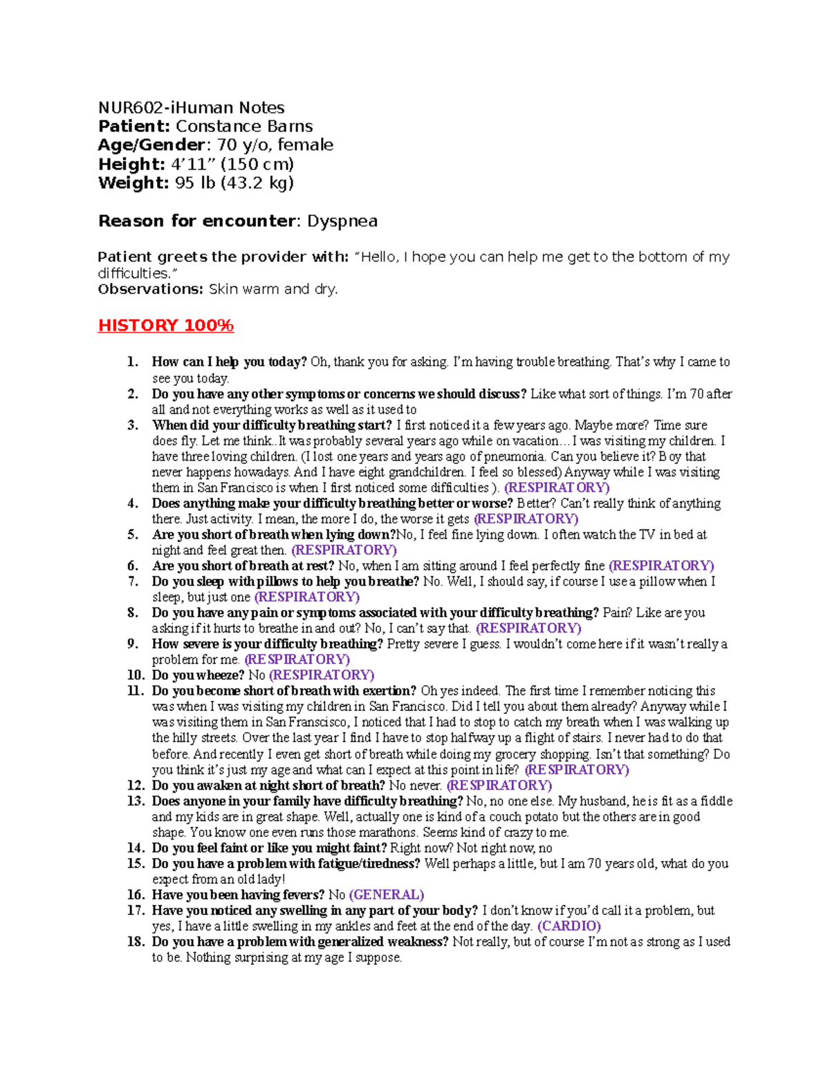 Constance Barns- i Human Notes - NUR602-iHuman Notes Patient: Constance ...