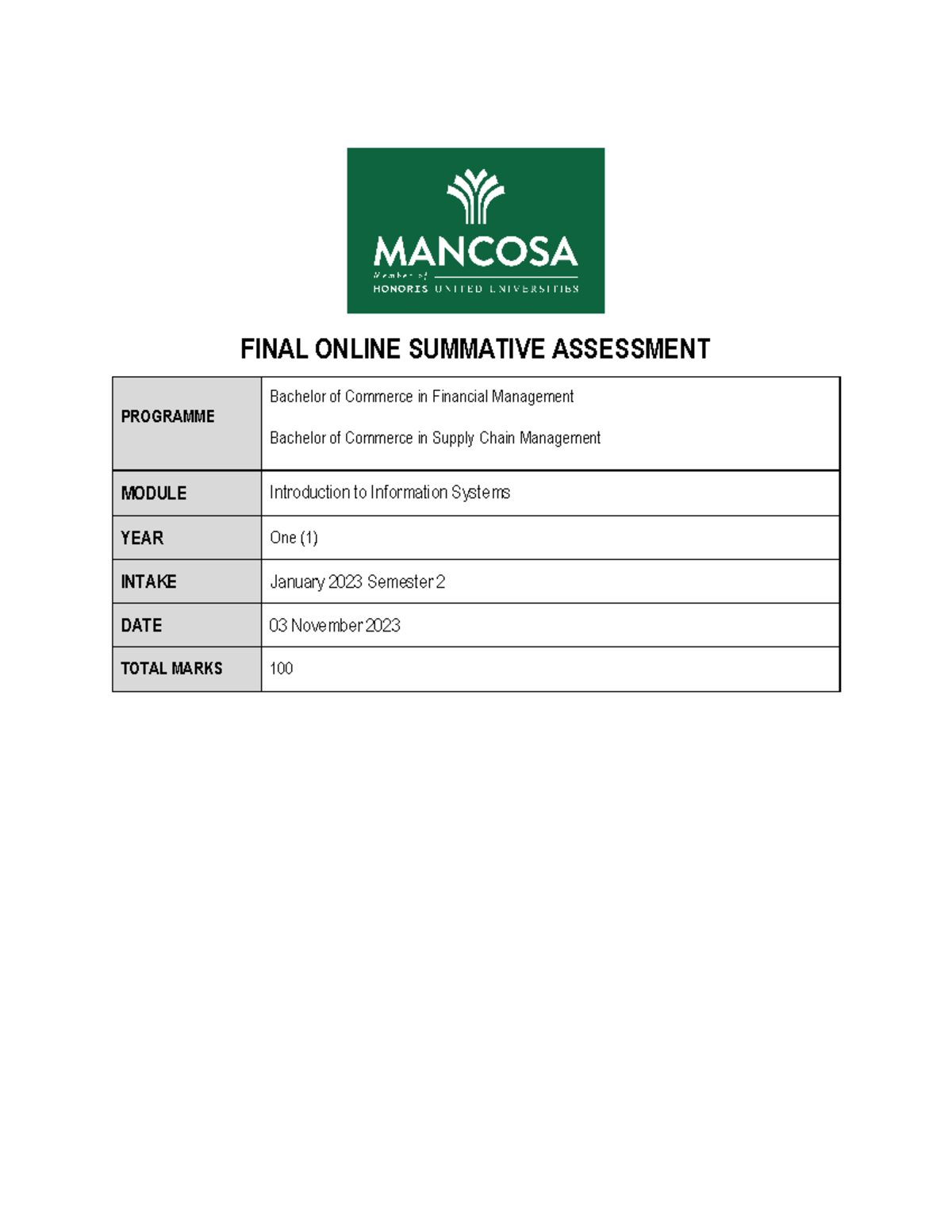 Introduction to Information Systems Final OSA - FINAL ONLINE SUMMATIVE ...