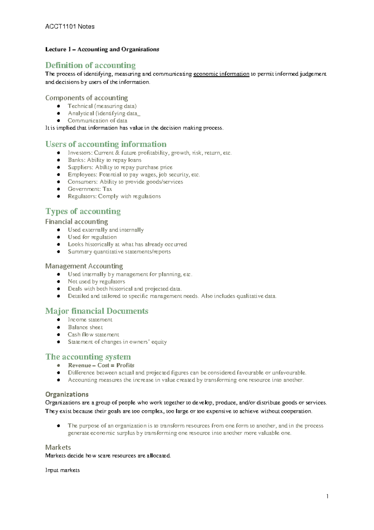 Accounting For Decision Making Lecture Notes Acct1101 Notes Lecture 1 Accounting And
