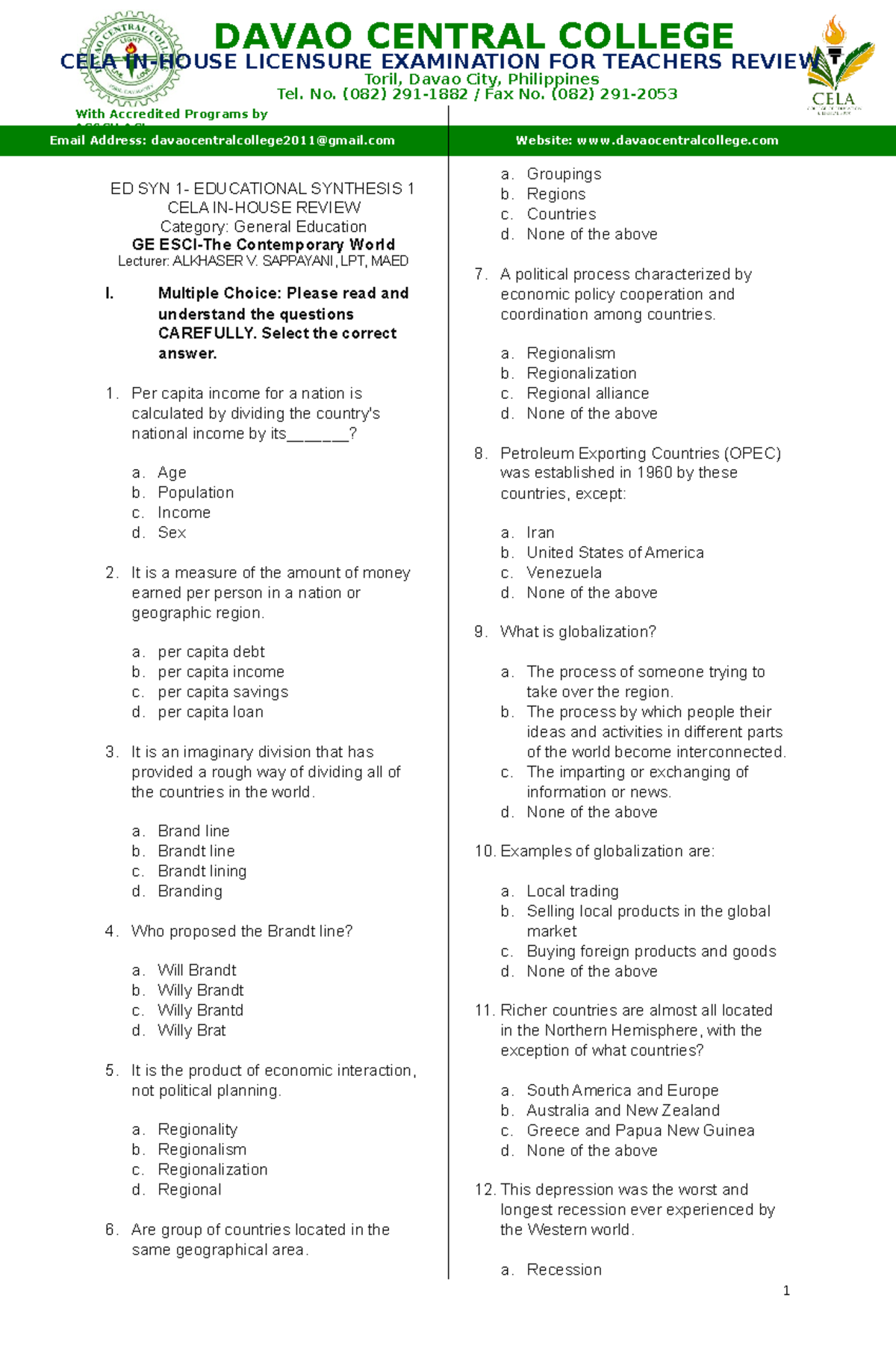 THE Contemporary World - With Accredited Programs by ACSCU-ACI DAVAO ...