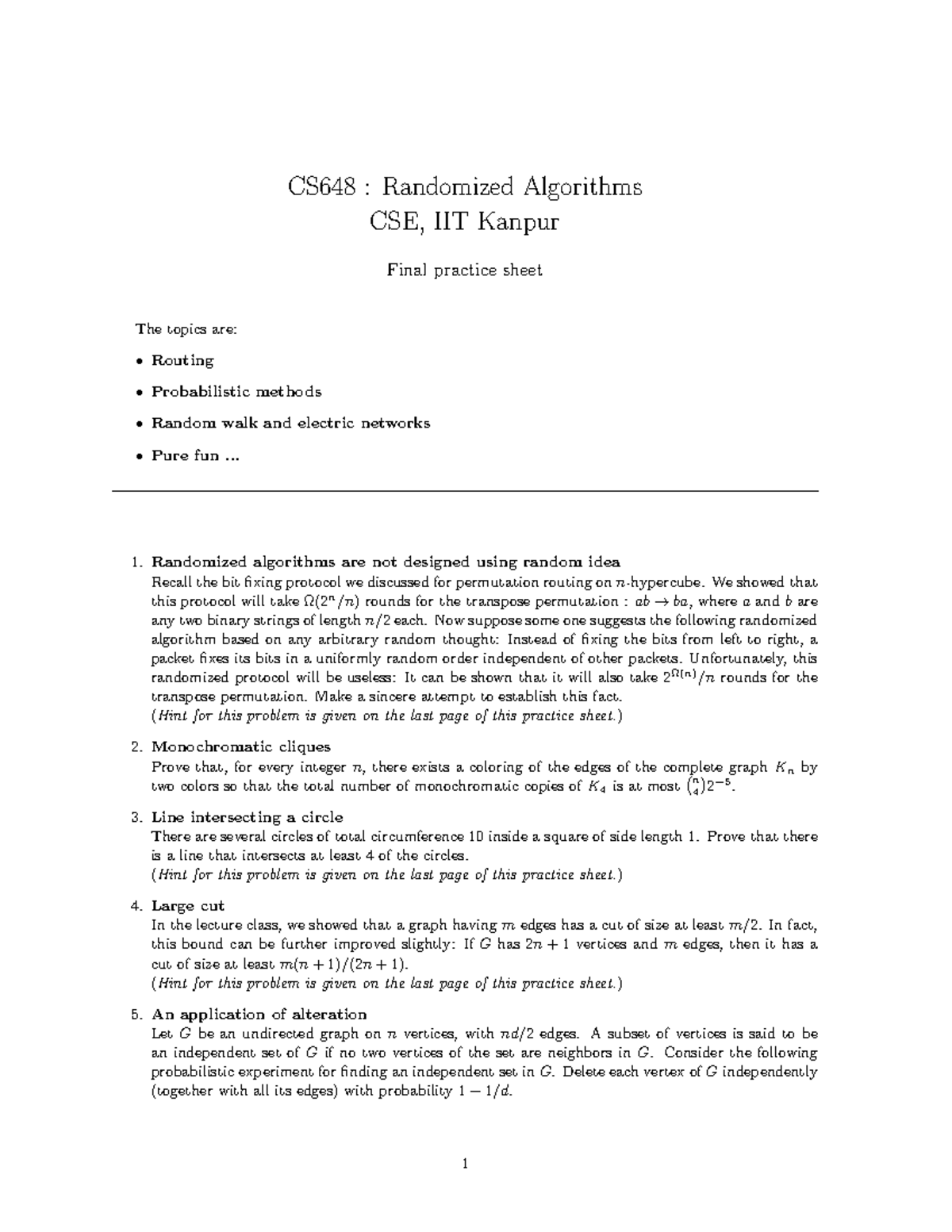 Practice-sheet-5 - practice problems - CS648 : Randomized Algorithms CSE, IIT Kanpur Final ...