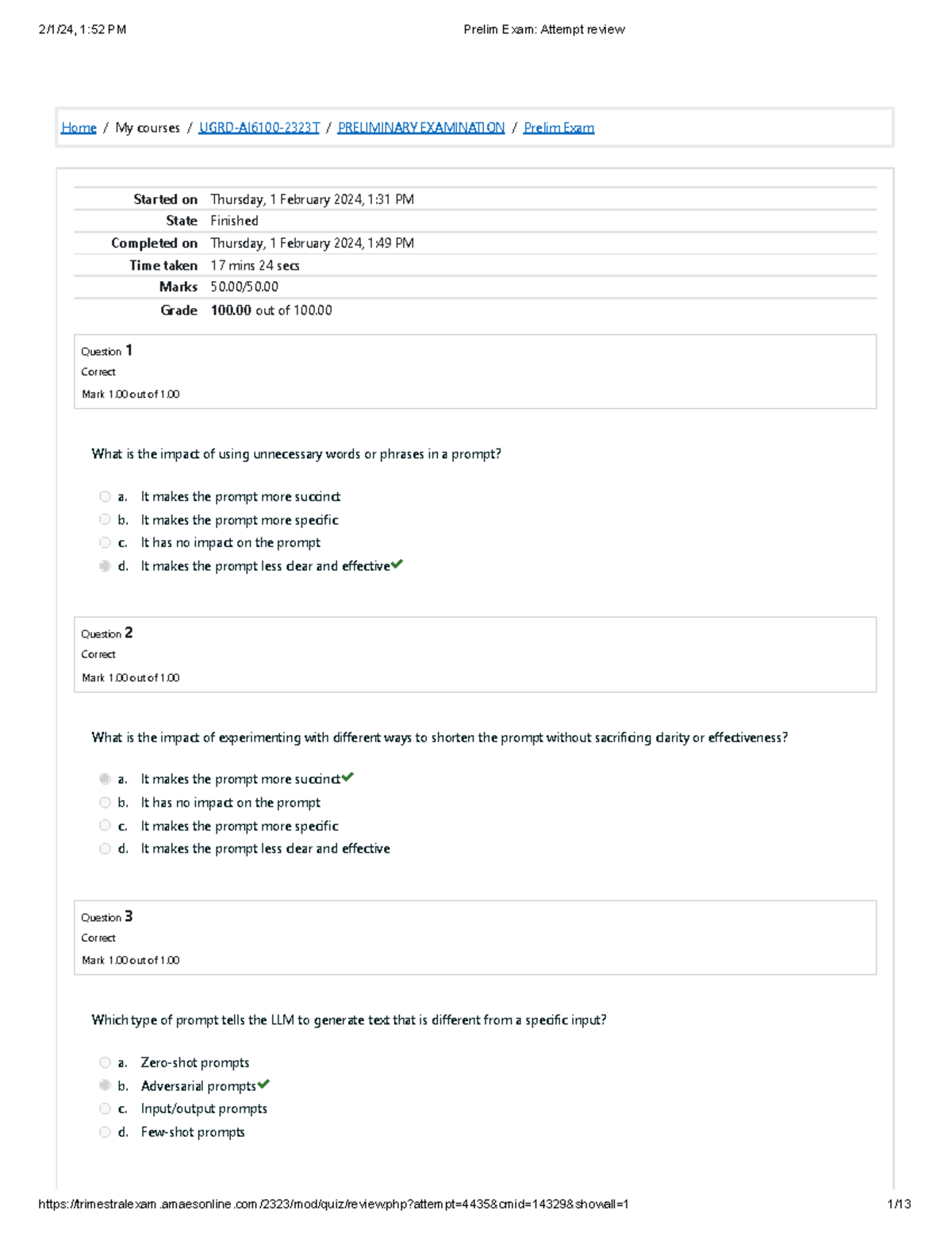 Prelim-Exam -Attempt-review - Home / My courses / UGRD-AI6100-2323T ...